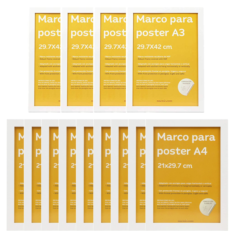 Nacnic - Lot de 12 Cadres - Bois MDF Blanc et Plexiglas-4 Cadres A3 et ...