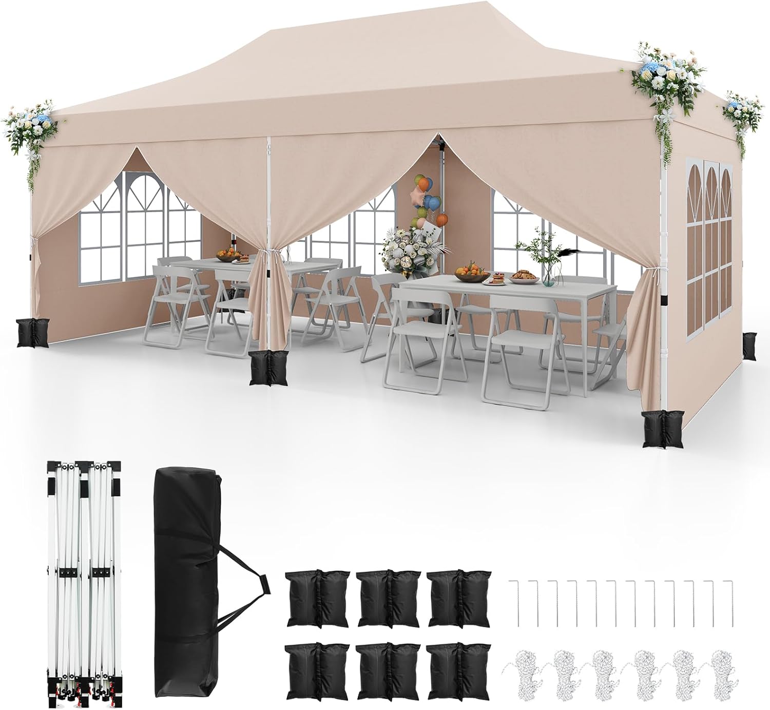 Cenador plegable de 3 x 6 m con 6 paredes laterales, 6 sacos de arena, carpa para fiestas ...