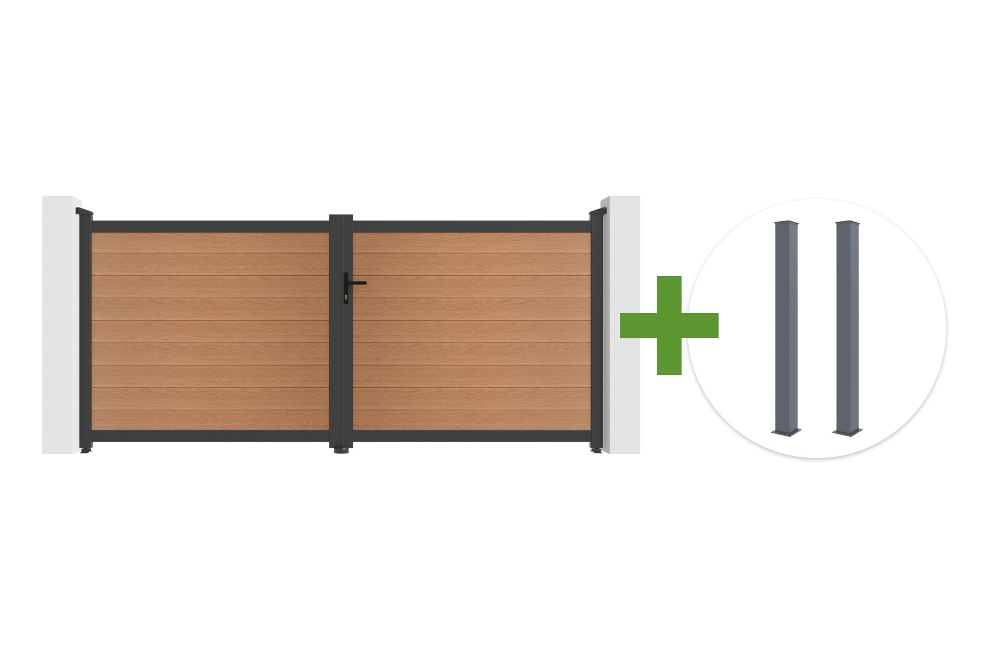 Cancello Battente ATHOS 3,5m H160 Legno Composito Teak + 2 Pali EIFEL ...