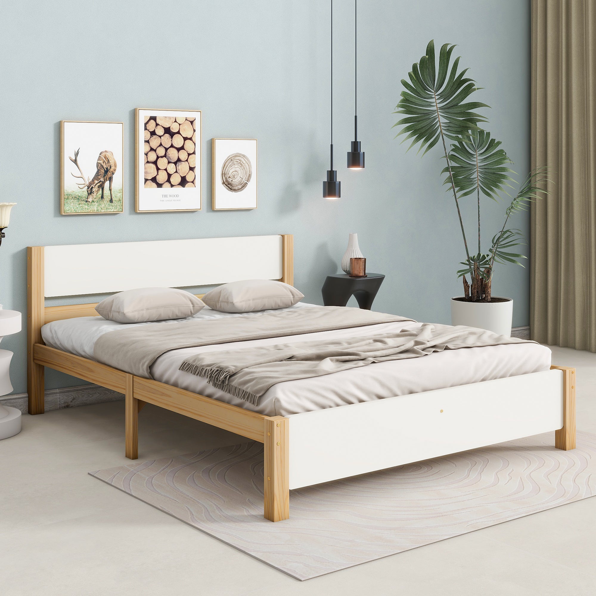 Lit double, lit en bois, cadre en pin avec pied central, lit jeune, lit ...