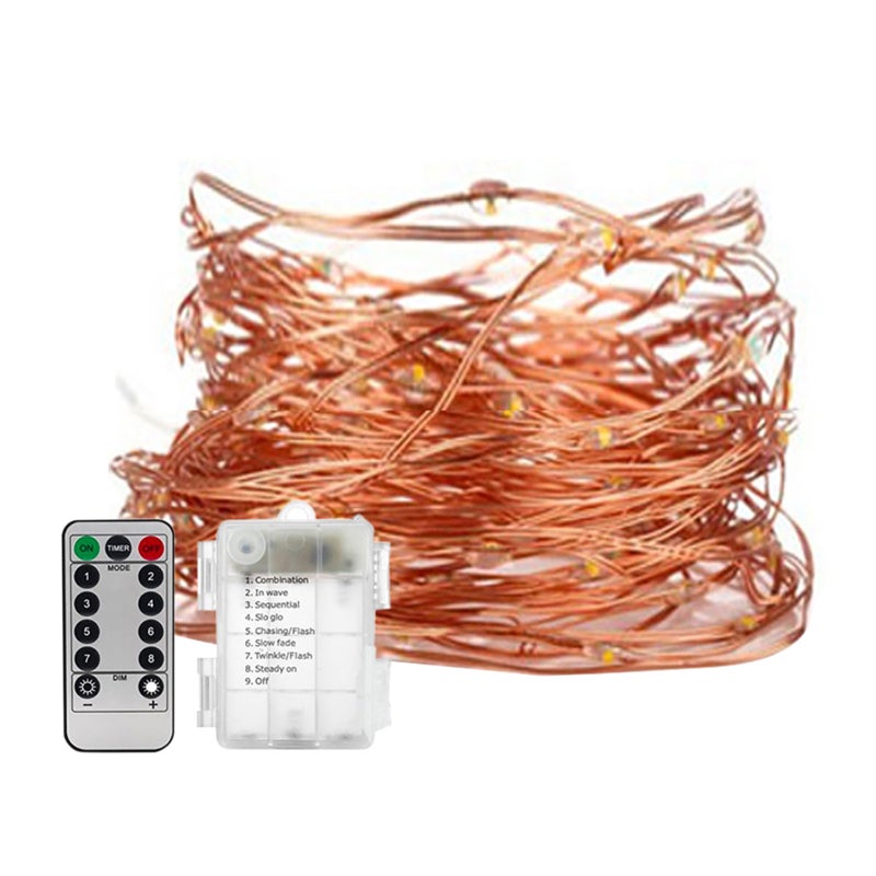 10M 100 LEDs Copper Wire String Light 8 Modes Remote Control 3*AA ...