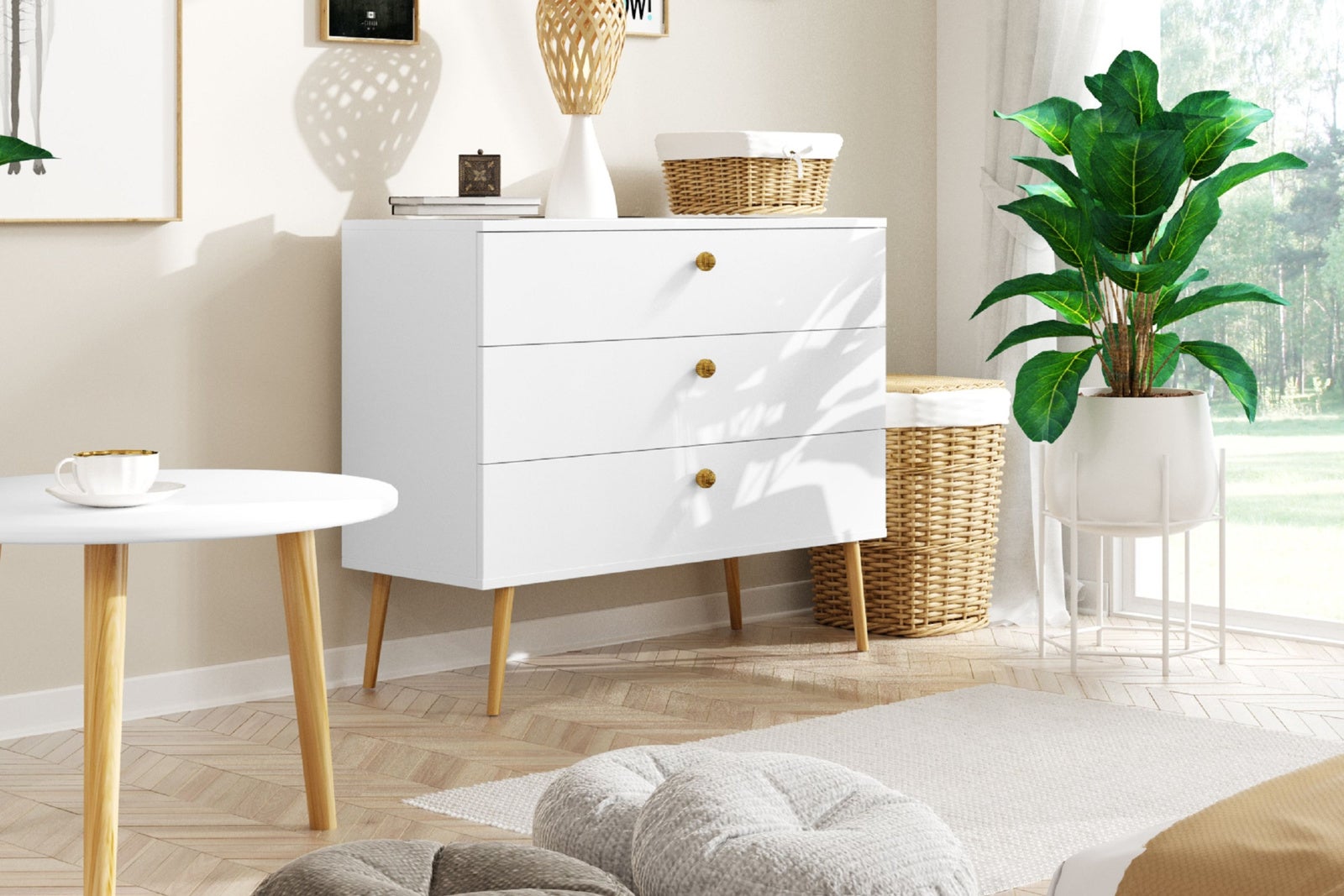Cómoda Blanca – Estilo Escandinavo – 100x85x41 cm – Con Patas Altas y 3 ...
