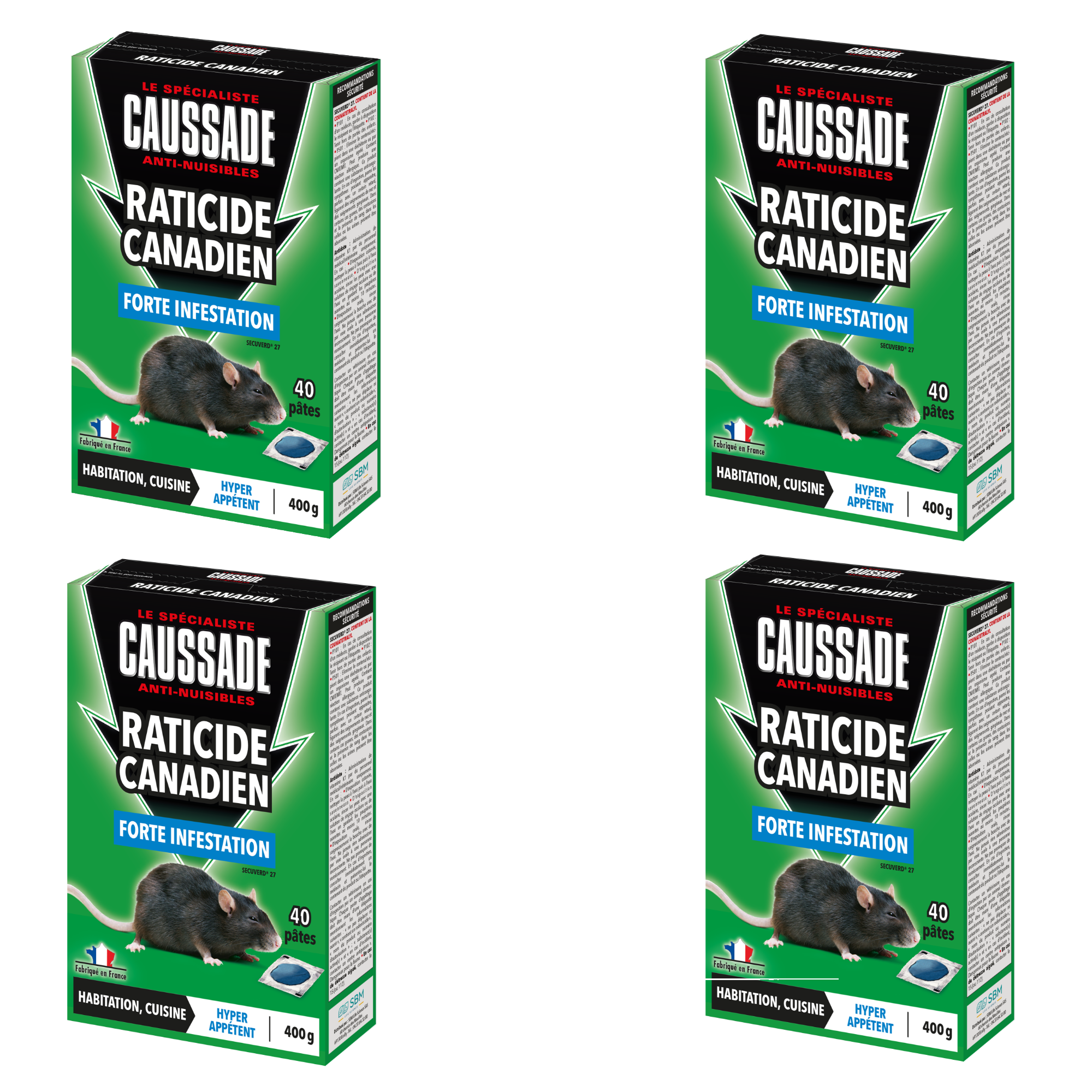 CAUSSADE Lot de 4 Raticides Canadien - 4x40 Pièces - Forte Infestation ...