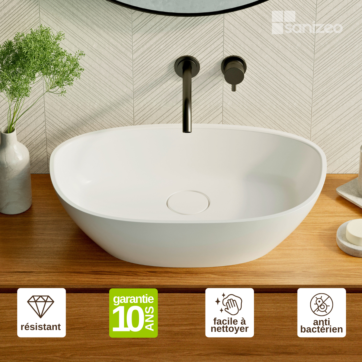 Vasque à poser asymétrique – Blanc Mat - Minéral composite 75% - L60 x ...