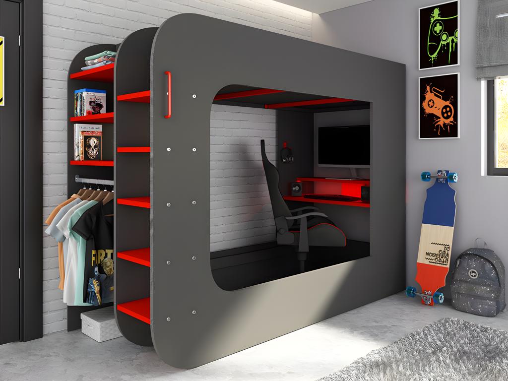 Lit mezzanine gamer 90 x 200 cm - Avec bureau et rangements - Avec LEDs ...