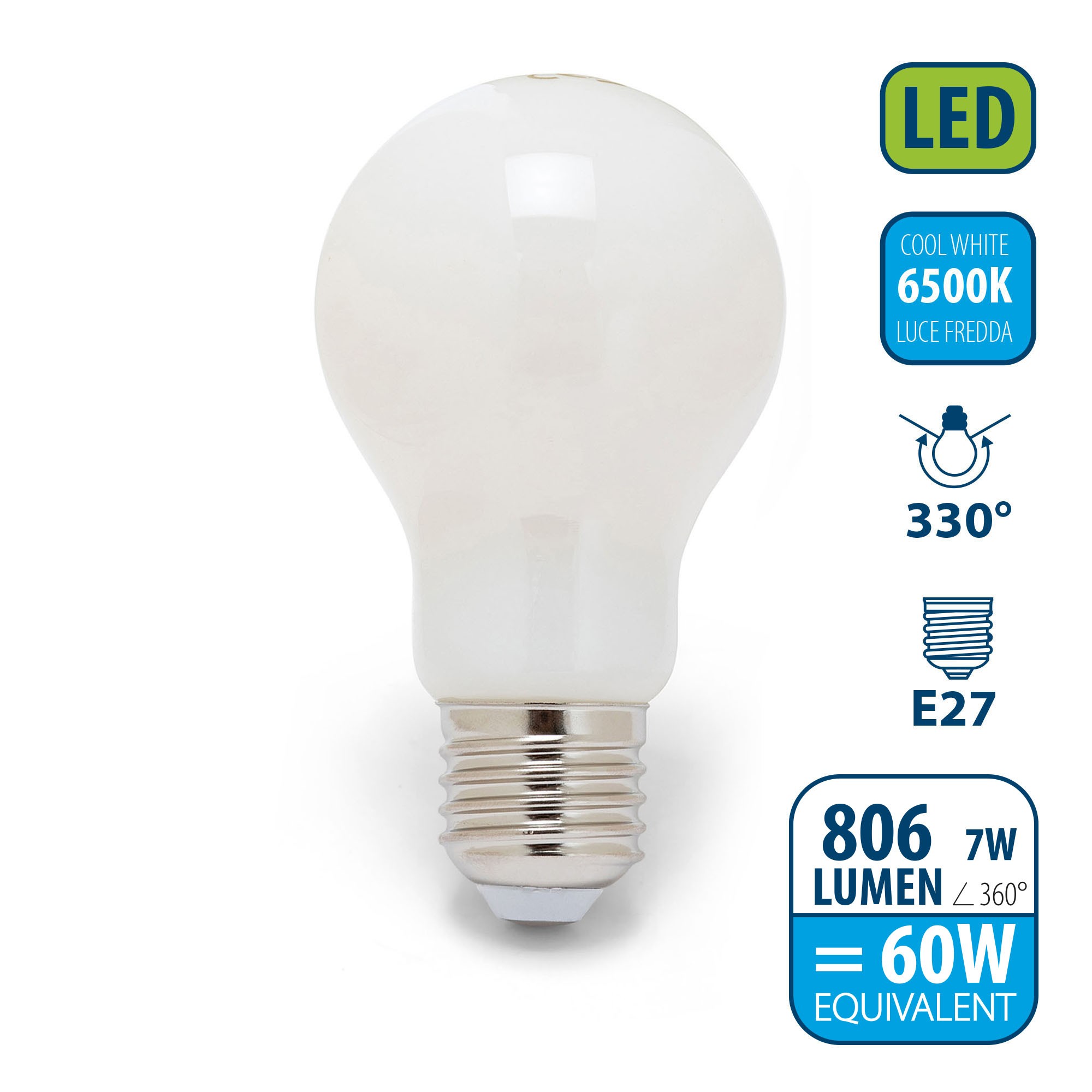 Ampoule à filament LED opale, standard A60, 7W / 806lm, culot E27, 6500K | Leroy Merlin