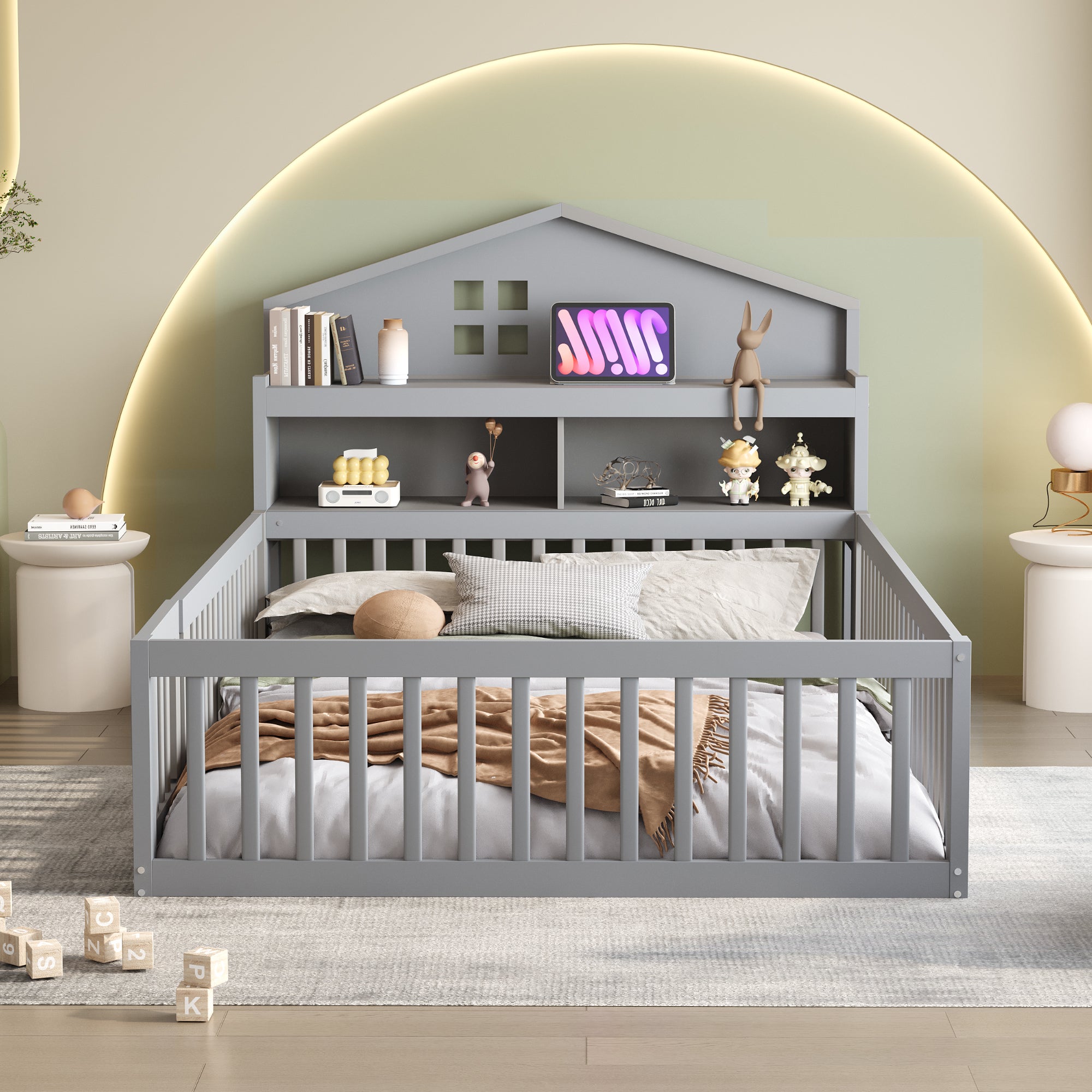Cama infantil 140 x 200 cm - Estructura de madera maciza, con estantes ...