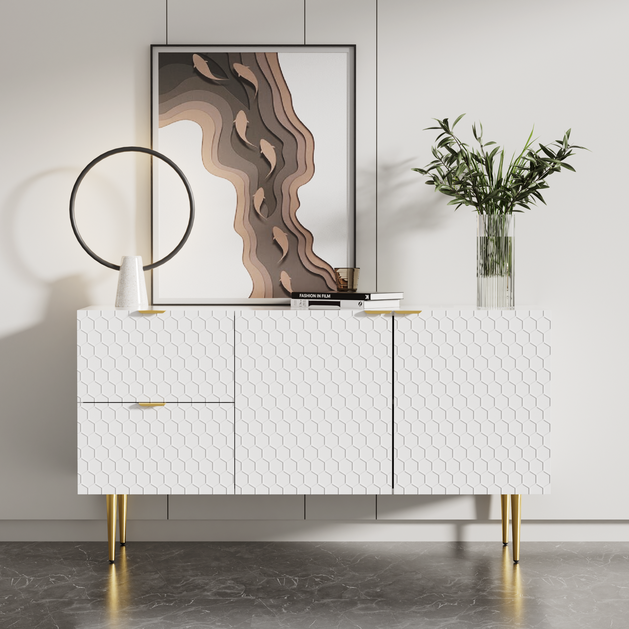 Buffet, 135*40*75cm Commode 2 portes 2 tiroirs, poignées et pieds dorés ...
