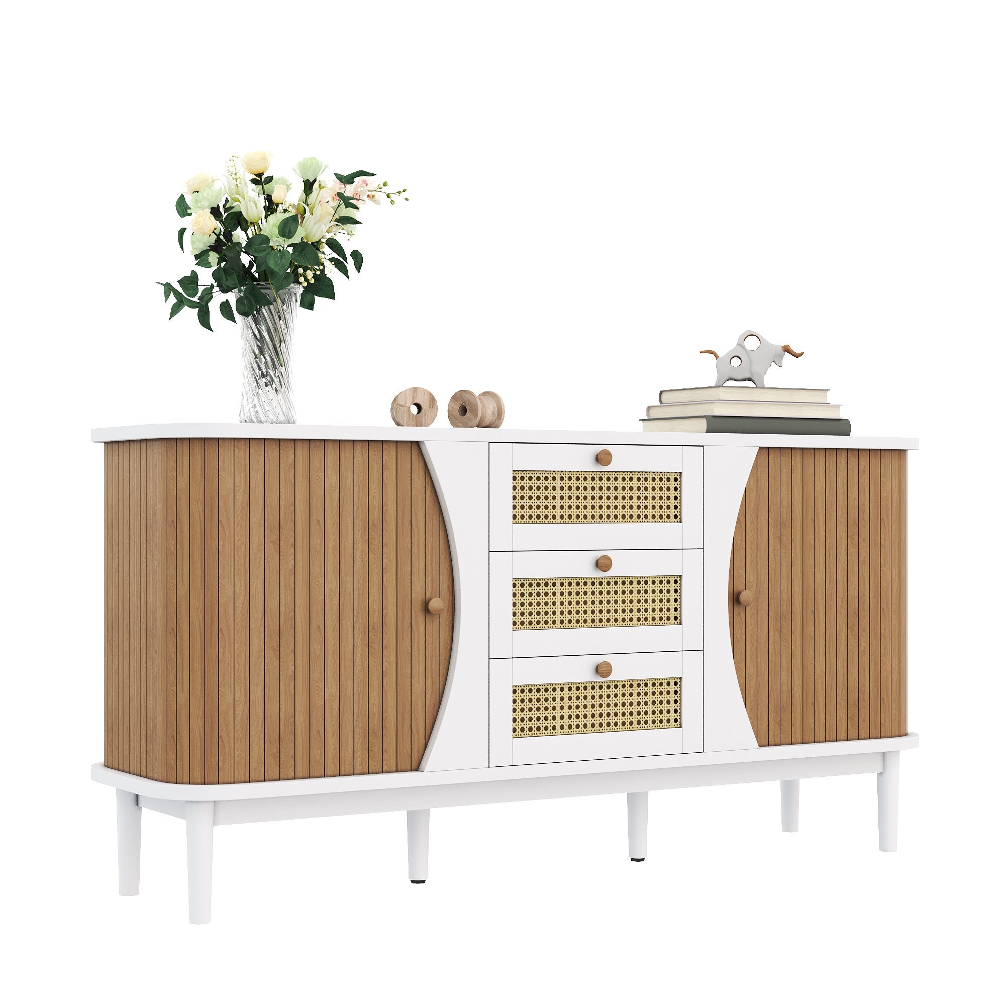 Aparador Gutent, Mueble de ratán con cajones, con puertas correderas ...