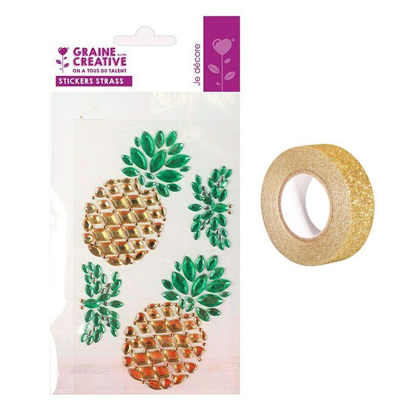 4 stickers strass 15 x 9,5 cm Ananas + masking tape doré à paillettes 5 ...