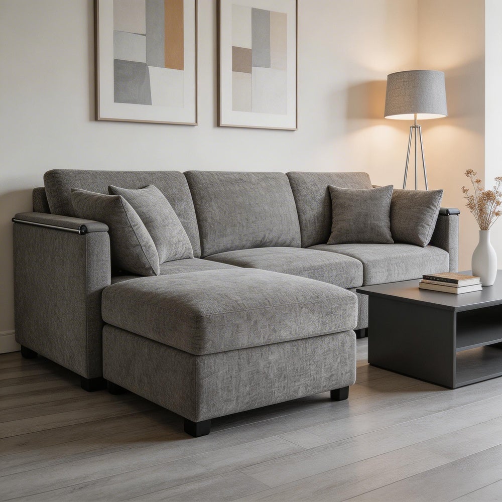 Canapé d'angle convertible 3 places en tissu avec pouf, coussins et ...