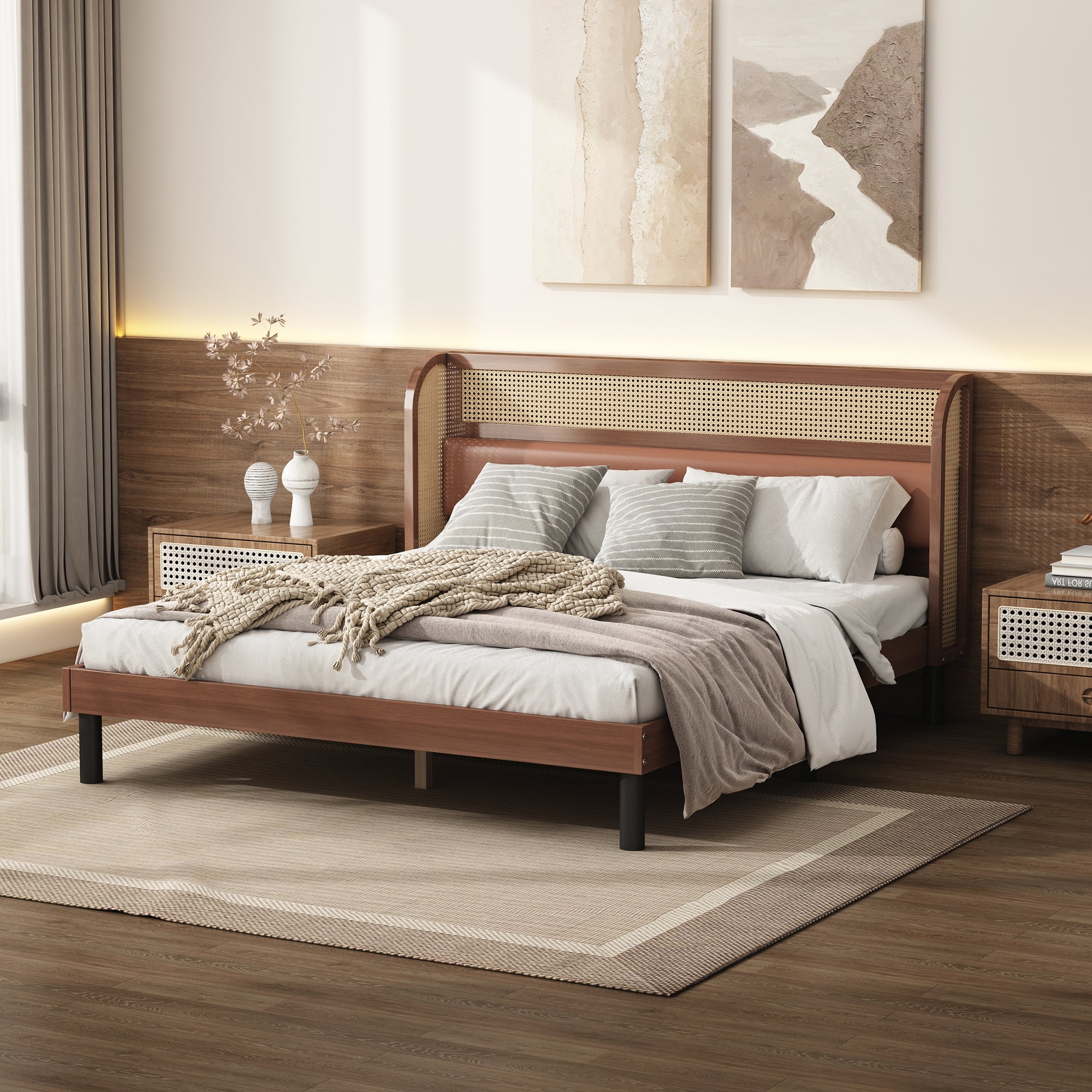 Lit double moderne à plate-forme avec revêtement en PU et rotin, lit ...