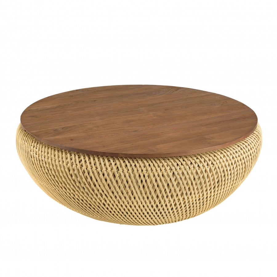 ALIDA - Table basse ronde 100x100cm en rotin beige plateau amovible ...