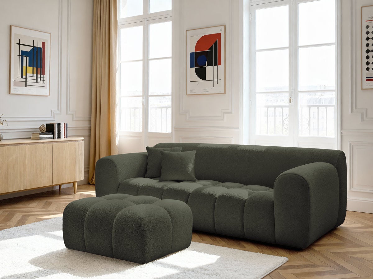 BOBOCHIC Canapé droit fixe 3 places MELISSE tissu chiné avec pouf Vert ...