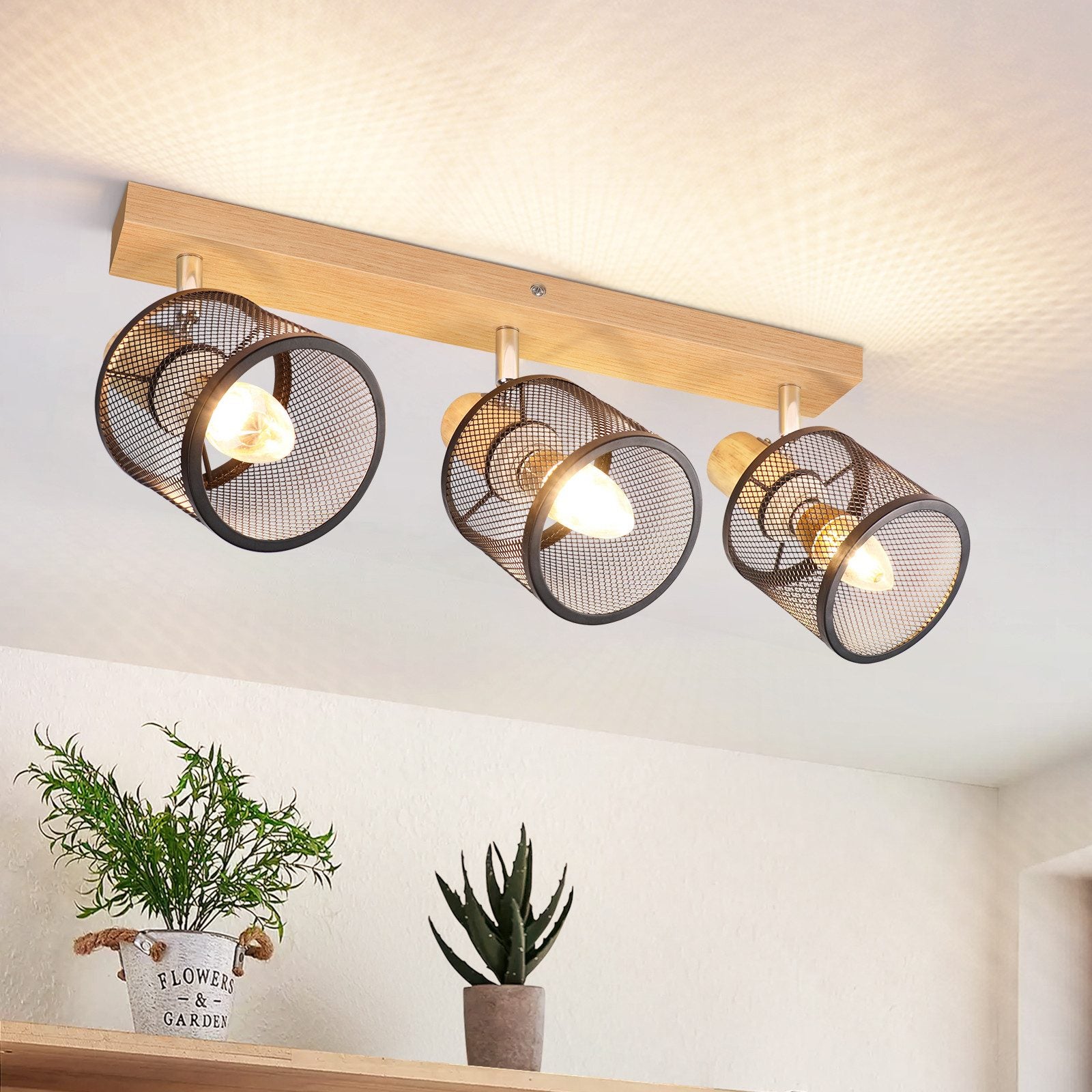 NETTLIFE Plafonnier 3 Spots noir aspect bois - plafonnier E14 ...