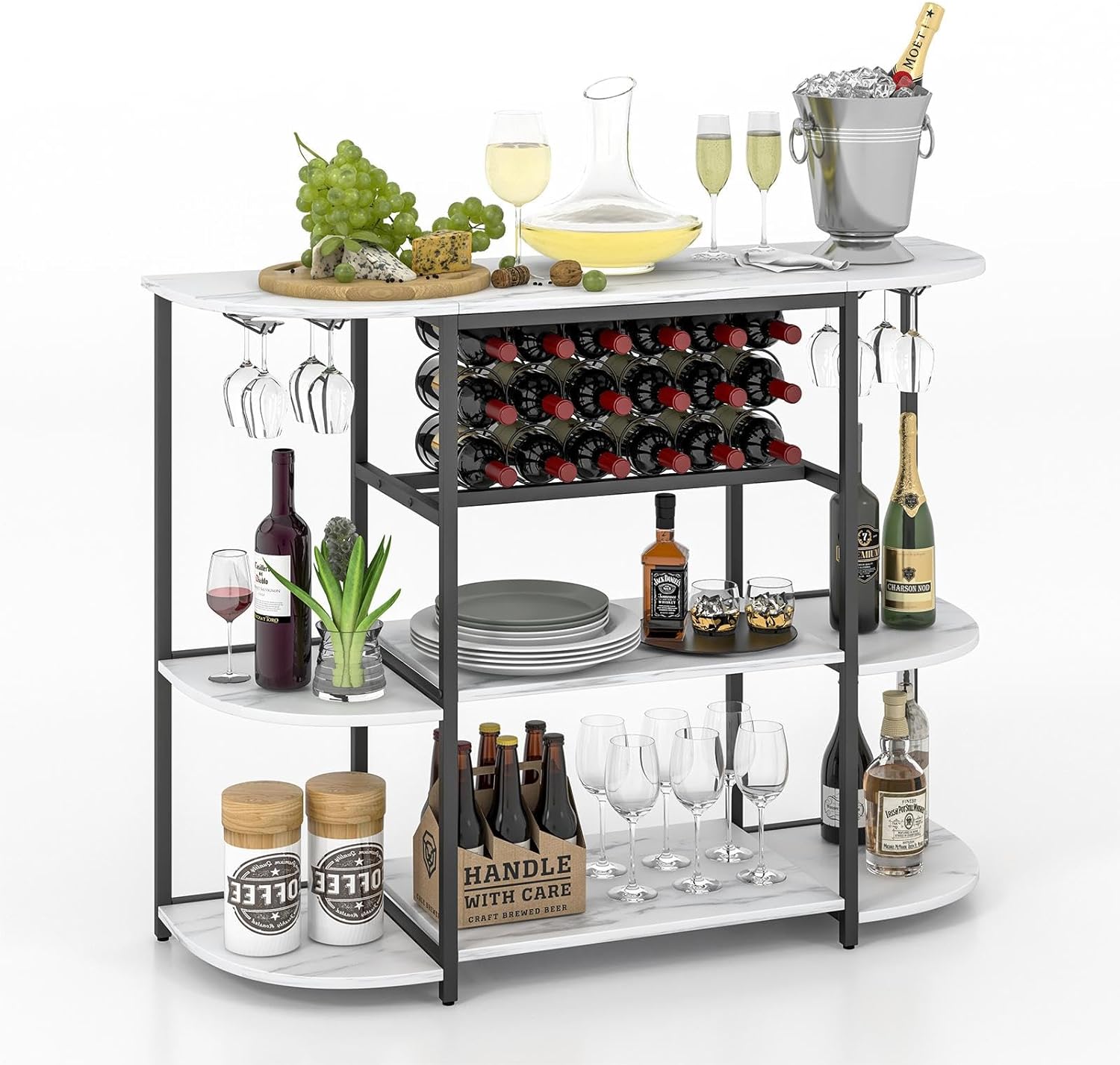Meuble de Rangement à 3 Niveaux avec Casier de Vin et 4 Porte-Verre ...