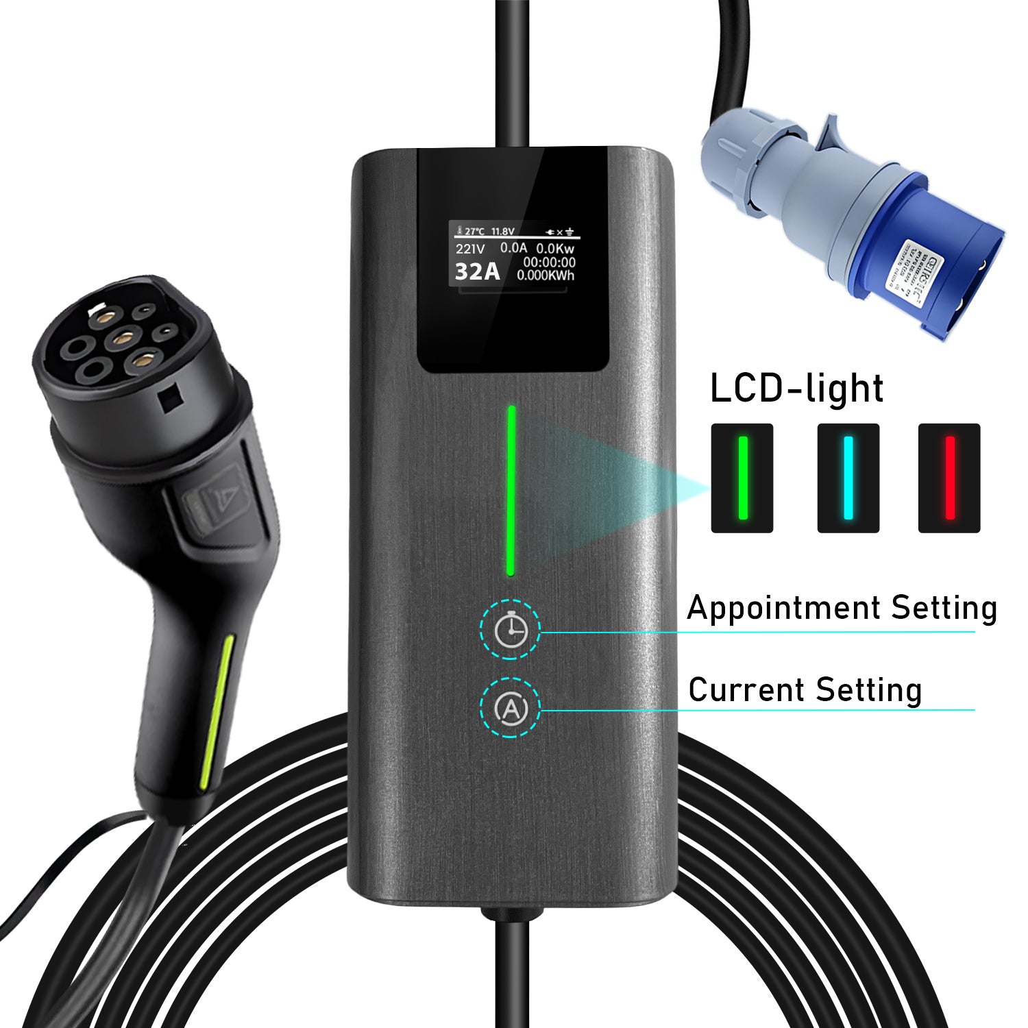 EV Cargador Tipo 2 Portátil Ev Charger,Home EVSE Rápido Corriente Conmutable Cargador de (6-32A ...