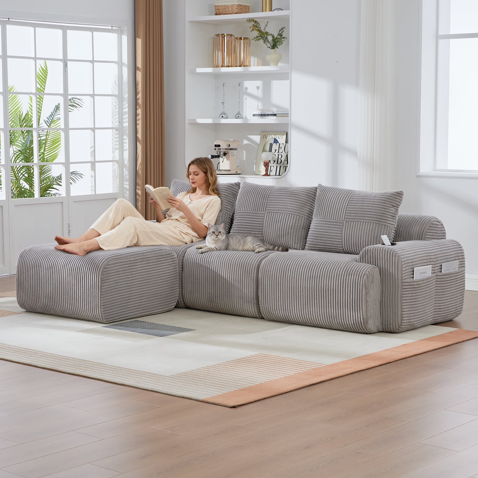 Canapé modulable velours côtelé 3 places + poufs, librement combinable ...