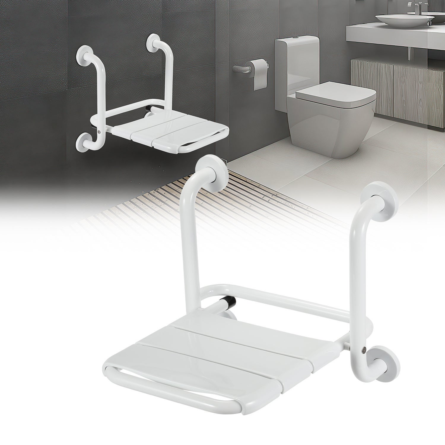 Asiento de baño plegable de pared, diseño compacto, soporte robusto ...