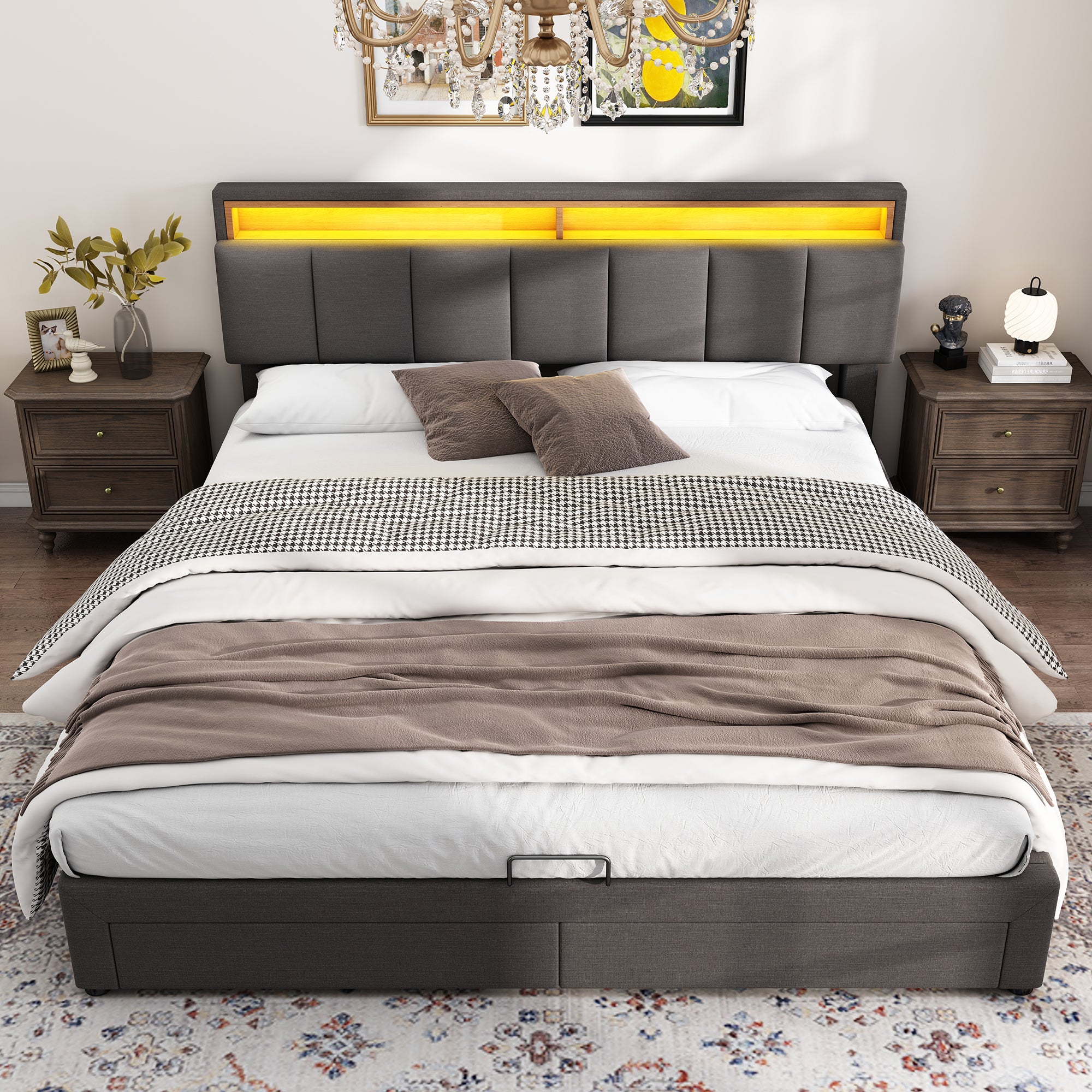 Lit coffre Lit adulte Lit double 160 x 200 cm avec LED et 2 tiroirs ...