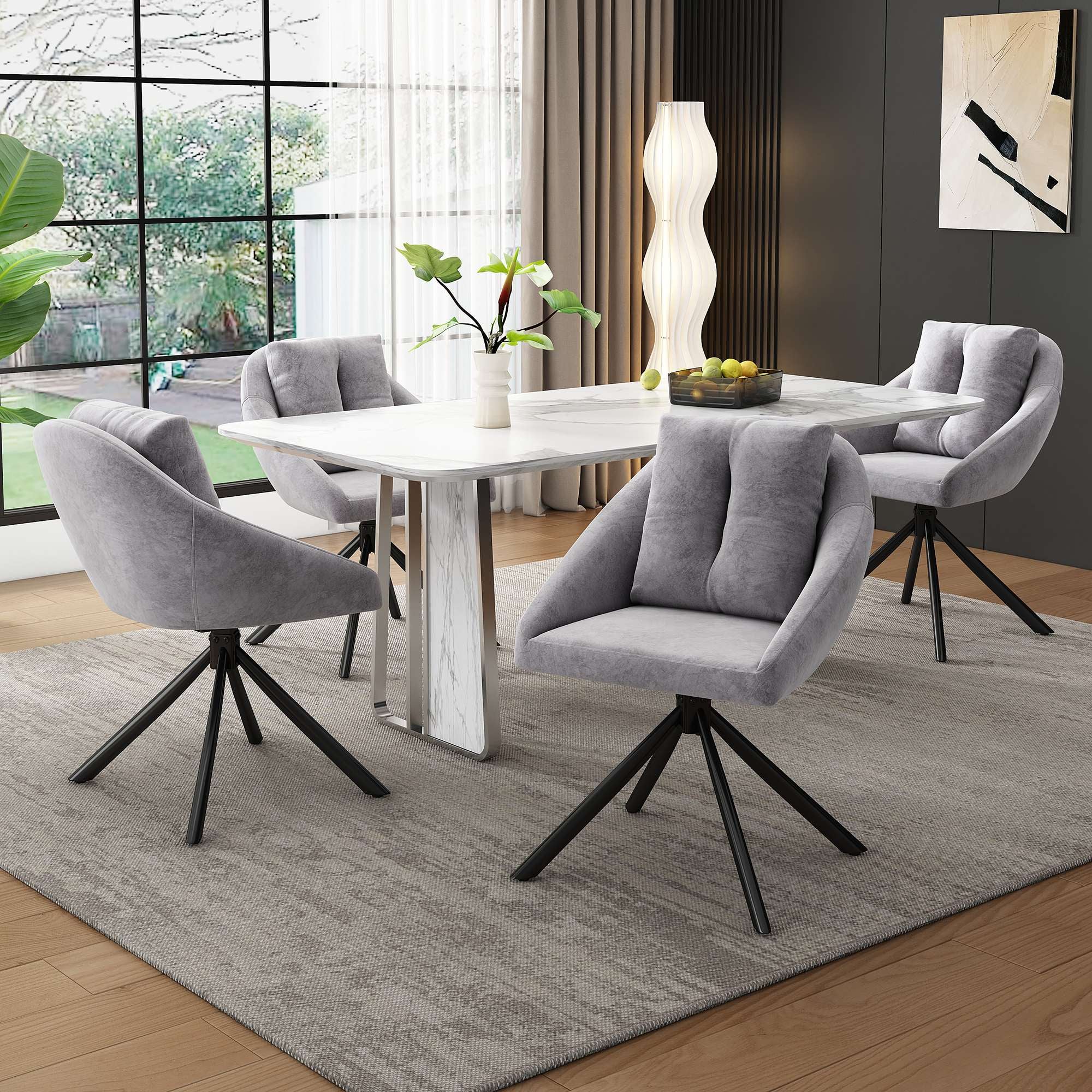 Lot de 4 Chaises pivotantes en velours - structure en métal - Gris ...