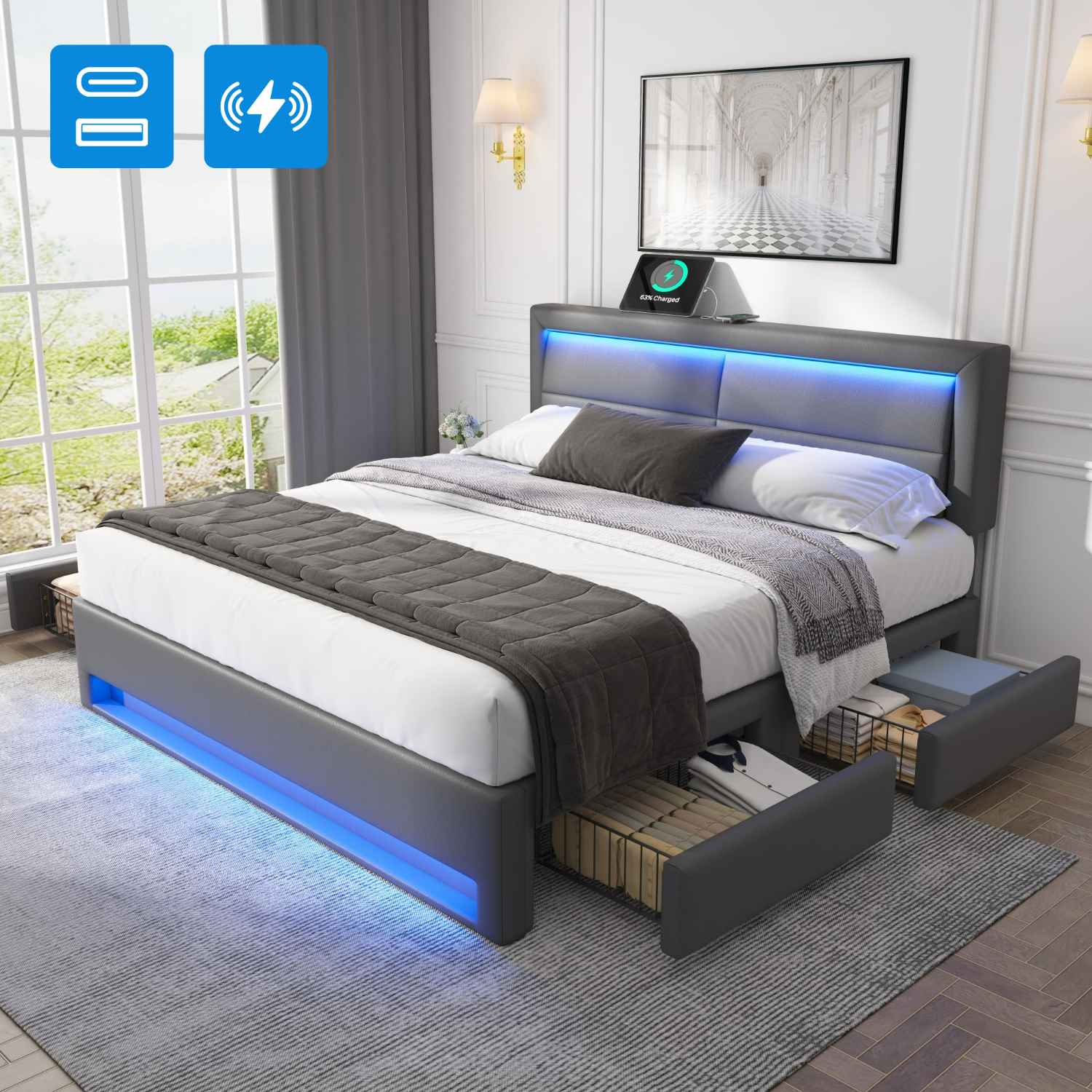 Cama capitoné multifuncional 140x190 cm con puertos USB, LED, 4 cajones ...
