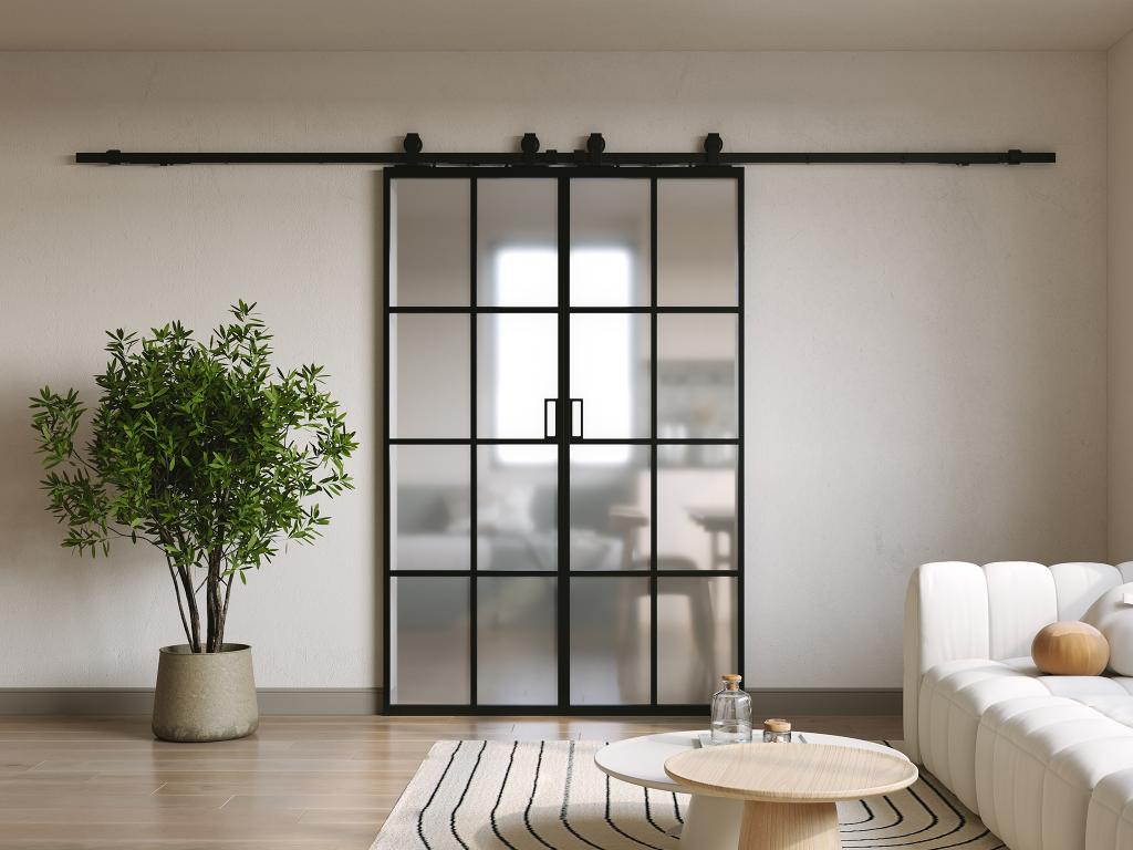 Porte coulissante double avec système en applique - aluminium et verre ...