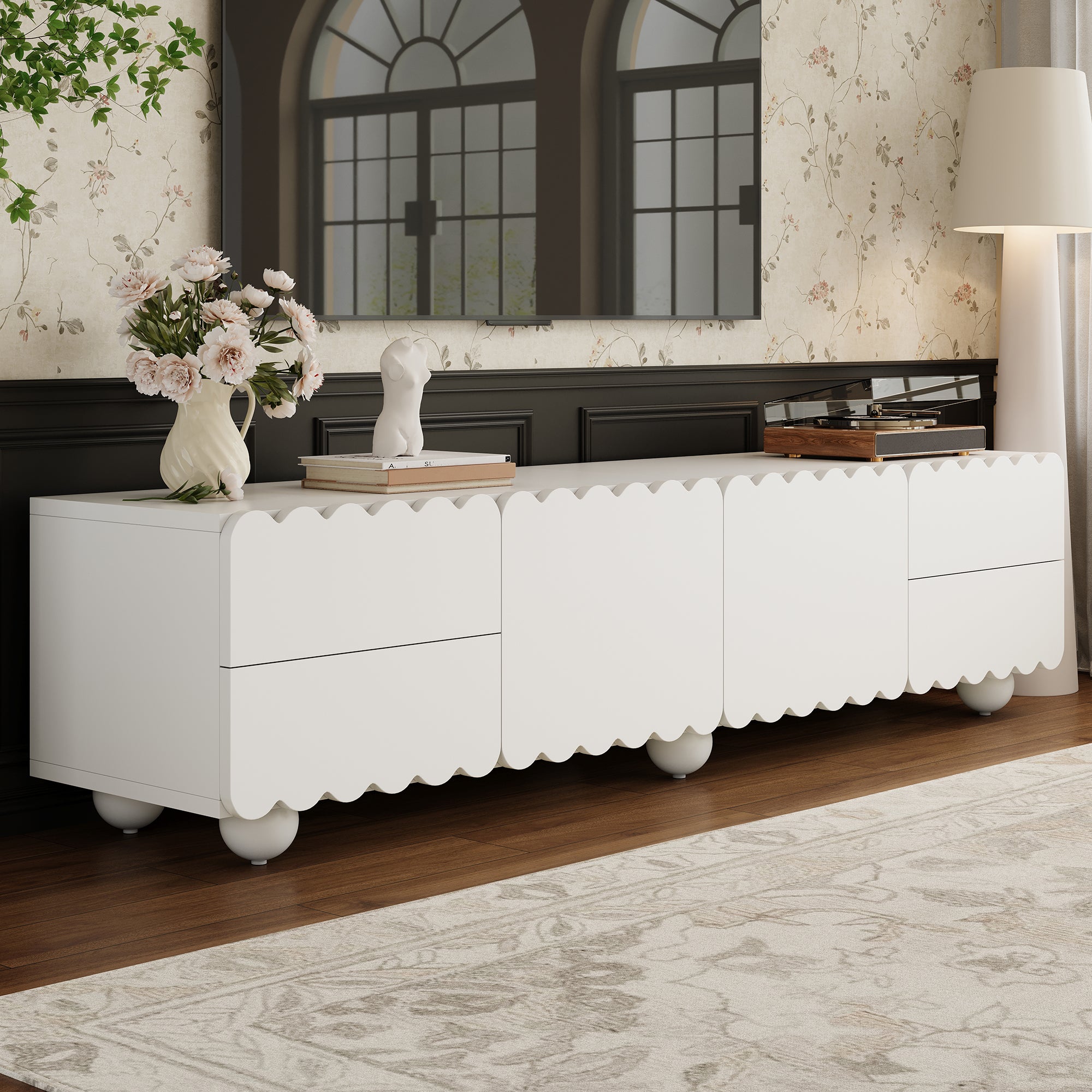 Meuble TV Lowboard Moderne 175x38x37cm avec 2 Portes et 4 Tiroirs ...