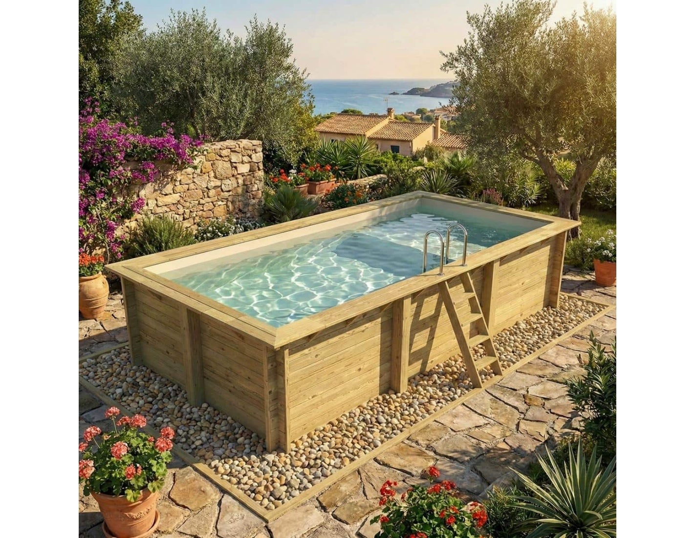 Piscina de madera AQUA 6.1 x 2.85 – H.1.31 m con playa, arena, sobre ...