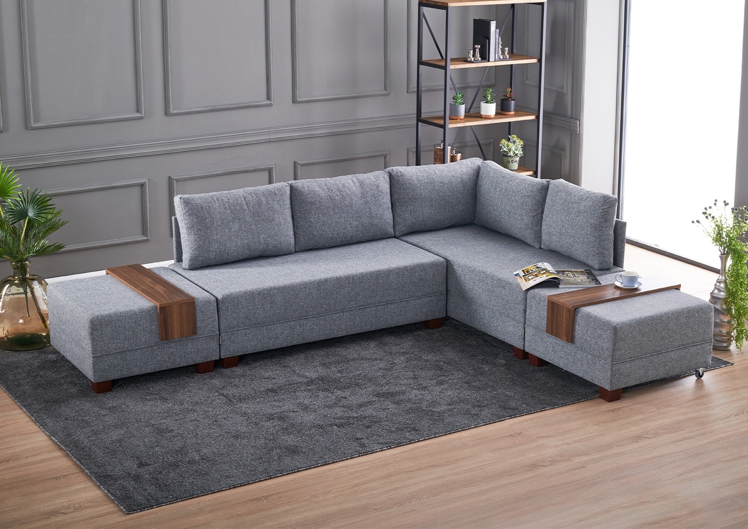 Canapé d'angle droit et 2 poufs tissu gris Tikona 280 cm | Leroy Merlin