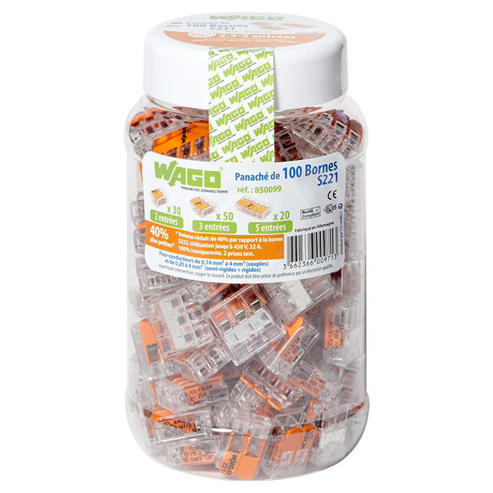 Pot de 100 bornes Wago, 30x2 entrées, 50x3 entrées, 20x5 entrées, 32A ...