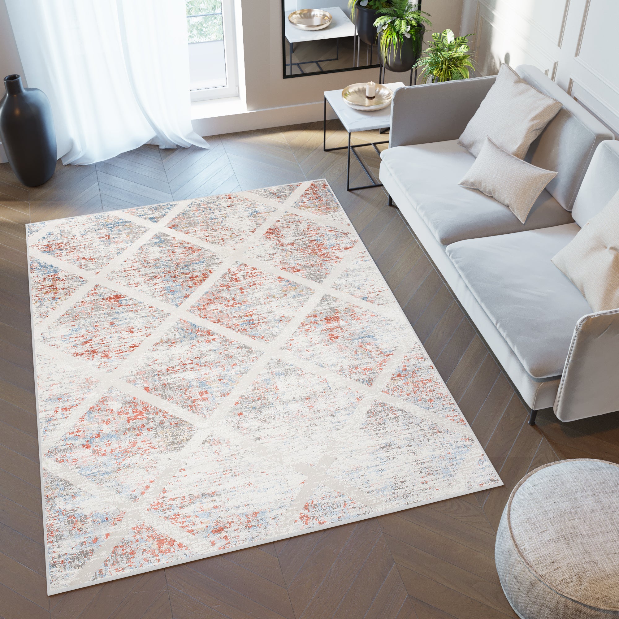 TAPISO Valley Tapis Salon Bleu Saumon Gris Géométrique Doux 300x400 ...