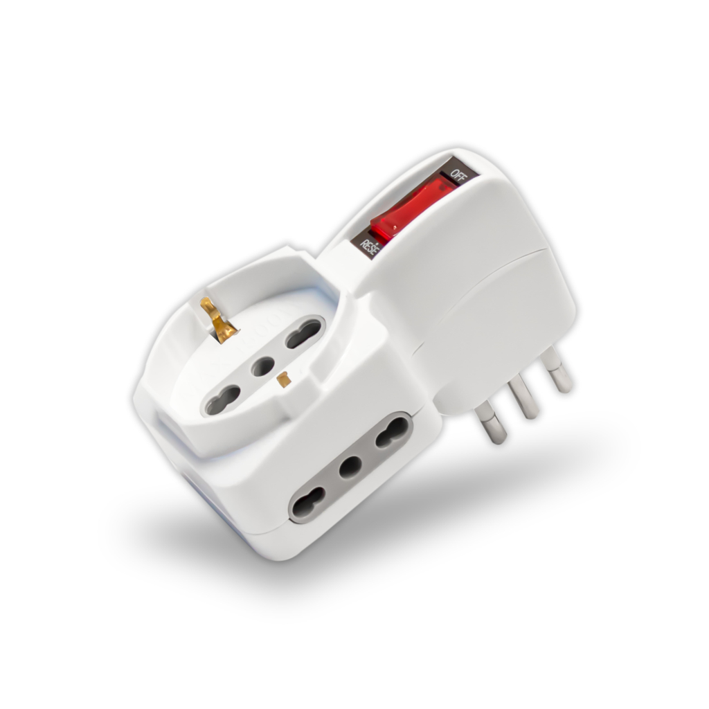 Adaptador multienchufe con 2 tomas laterales 10/16A de dos polos y una toma frontal 10/16A de ...