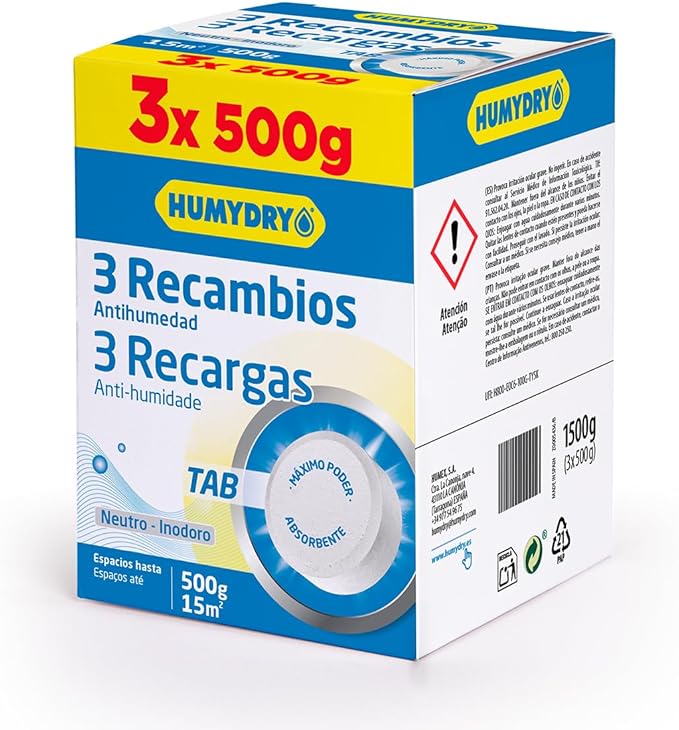 HUMYDRY - Pack 3 Recambios Antihumedad 500g – Pastillas de Cloruro de ...