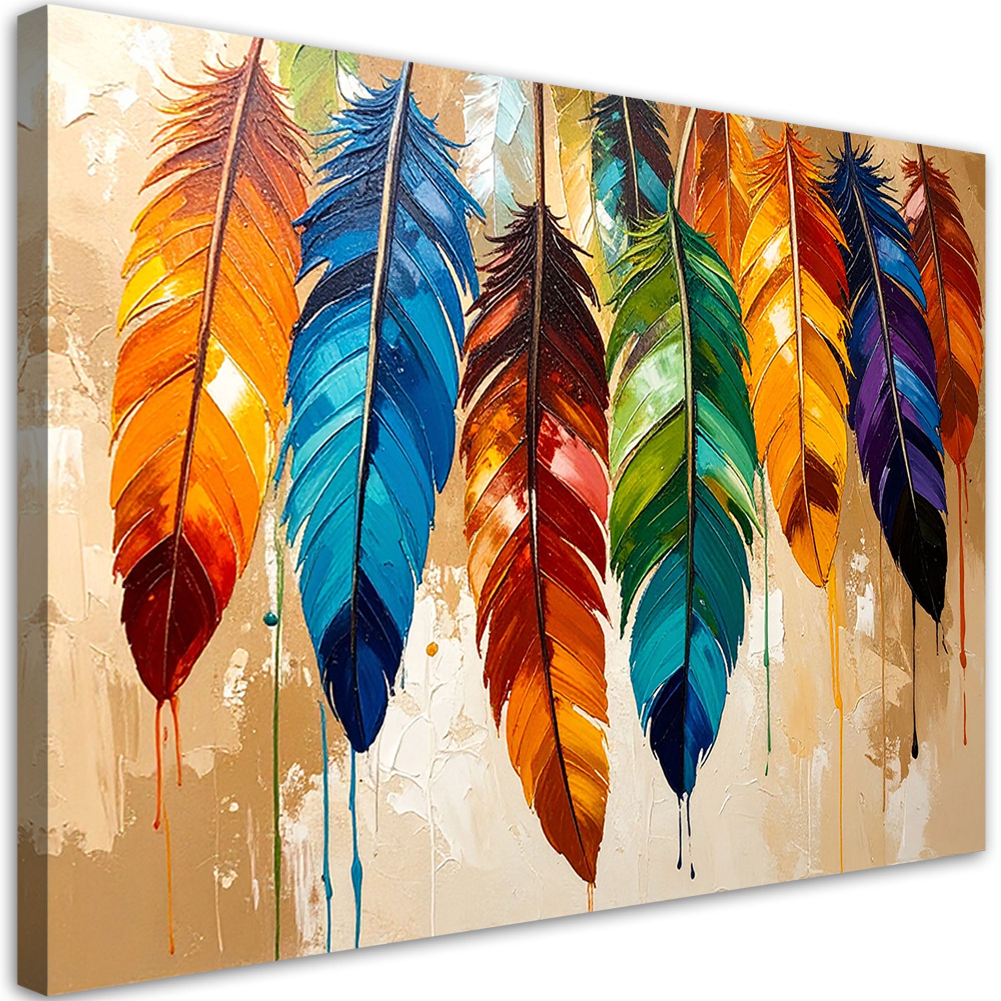 Quadro su tela, Piume colorate effetto vernice beige - 60x40 | Leroy Merlin