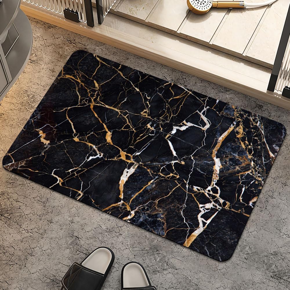 Alfombrilla de baño – Diseño de mármol negro con detalles en amarillo y ...