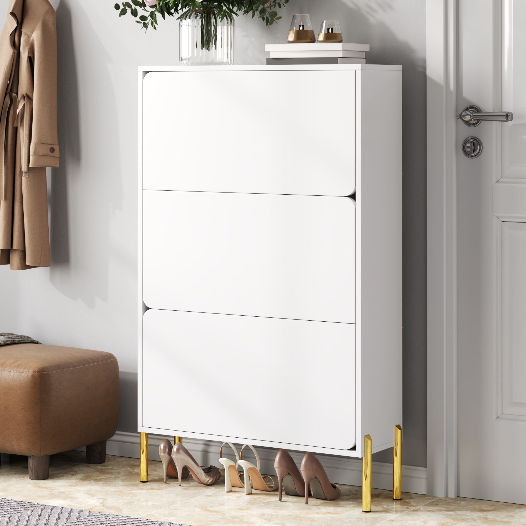 Meuble chaussures minimaliste 3 portes - Grand rangement, pieds dorés ...