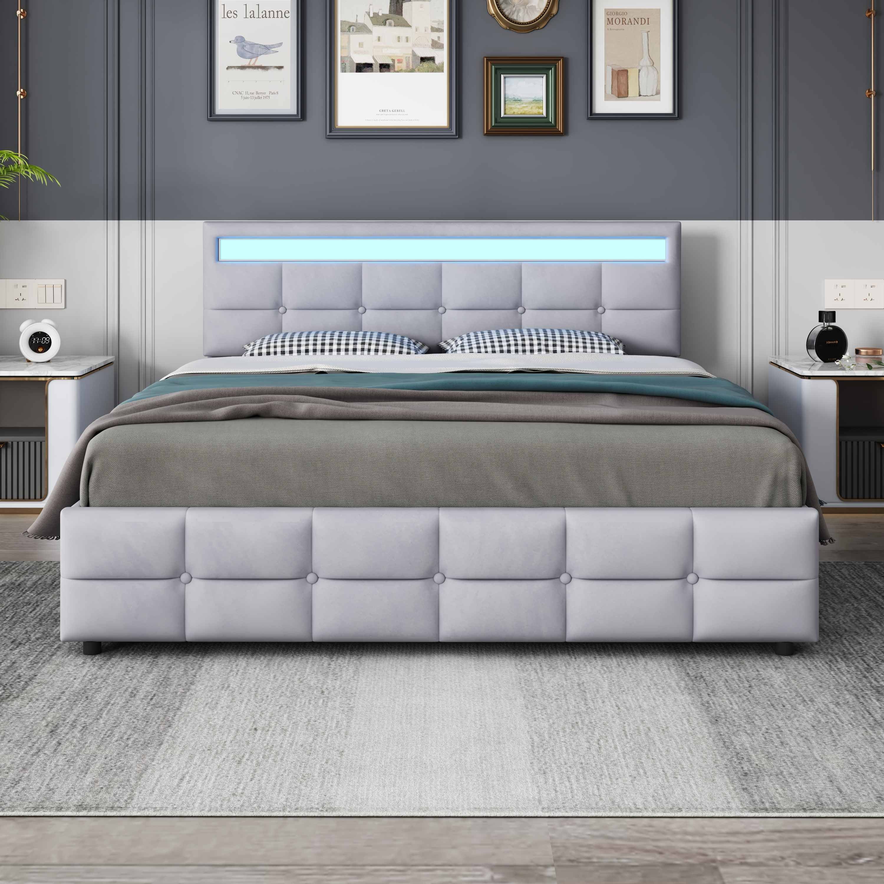 Lit Polster 180x200 cm - Lit LED avec 4 tiroirs, sommier à lattes et ...