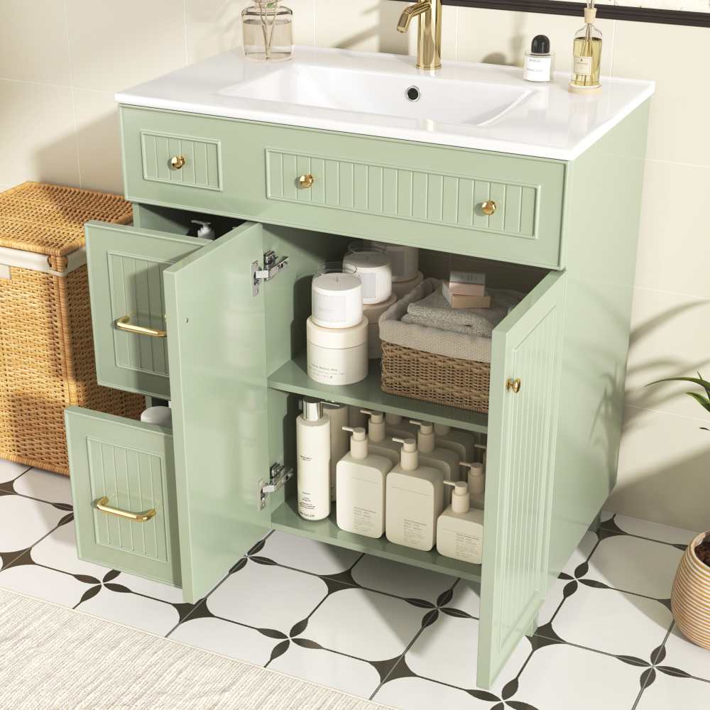 Meuble sous-vasque 81,7 cm lavabo céramique MDF laqué pieds bois massif ...