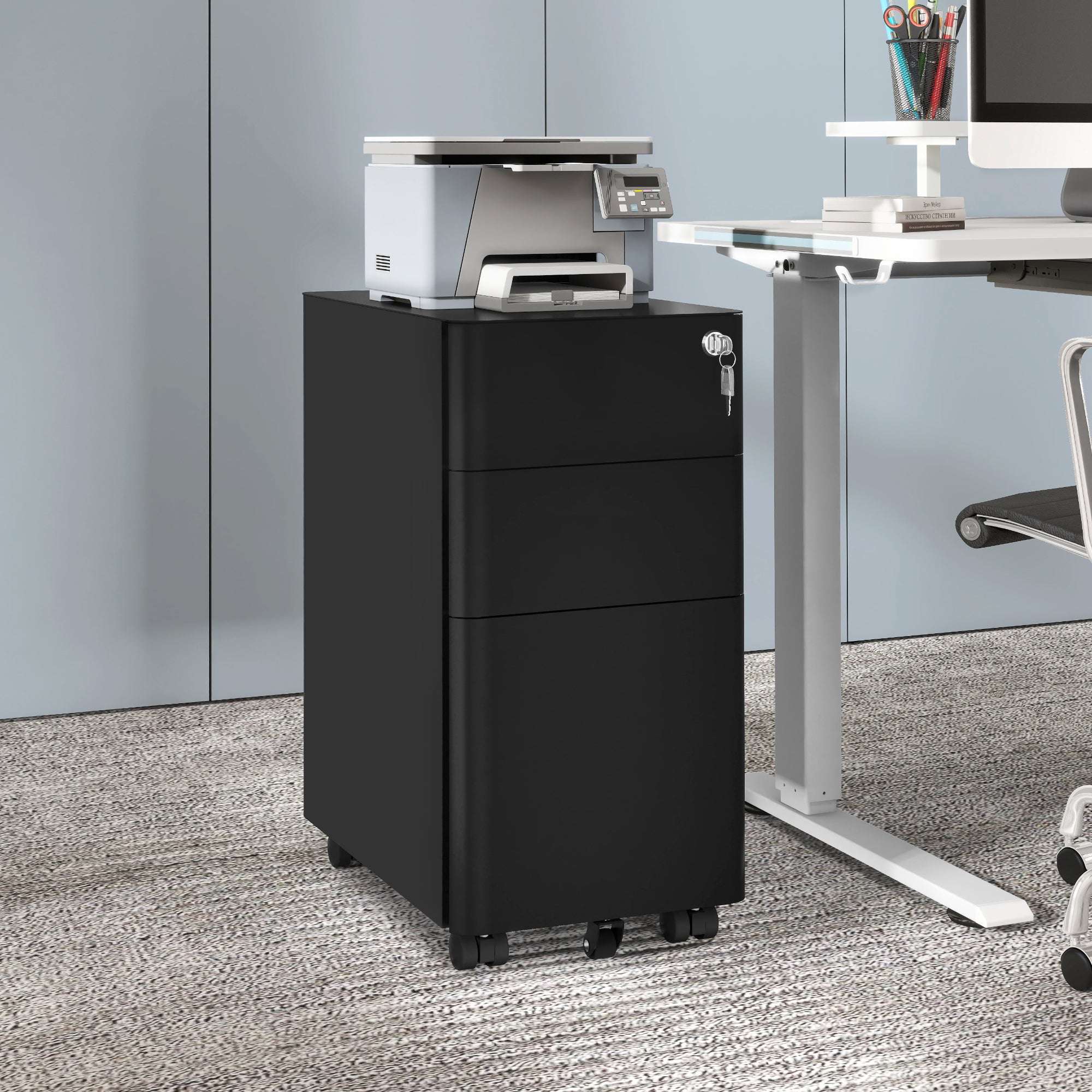 YITAHOME Caisson Bureau - 3 Tiroirs - avec roulettes - Noir - 45 x 30 x ...