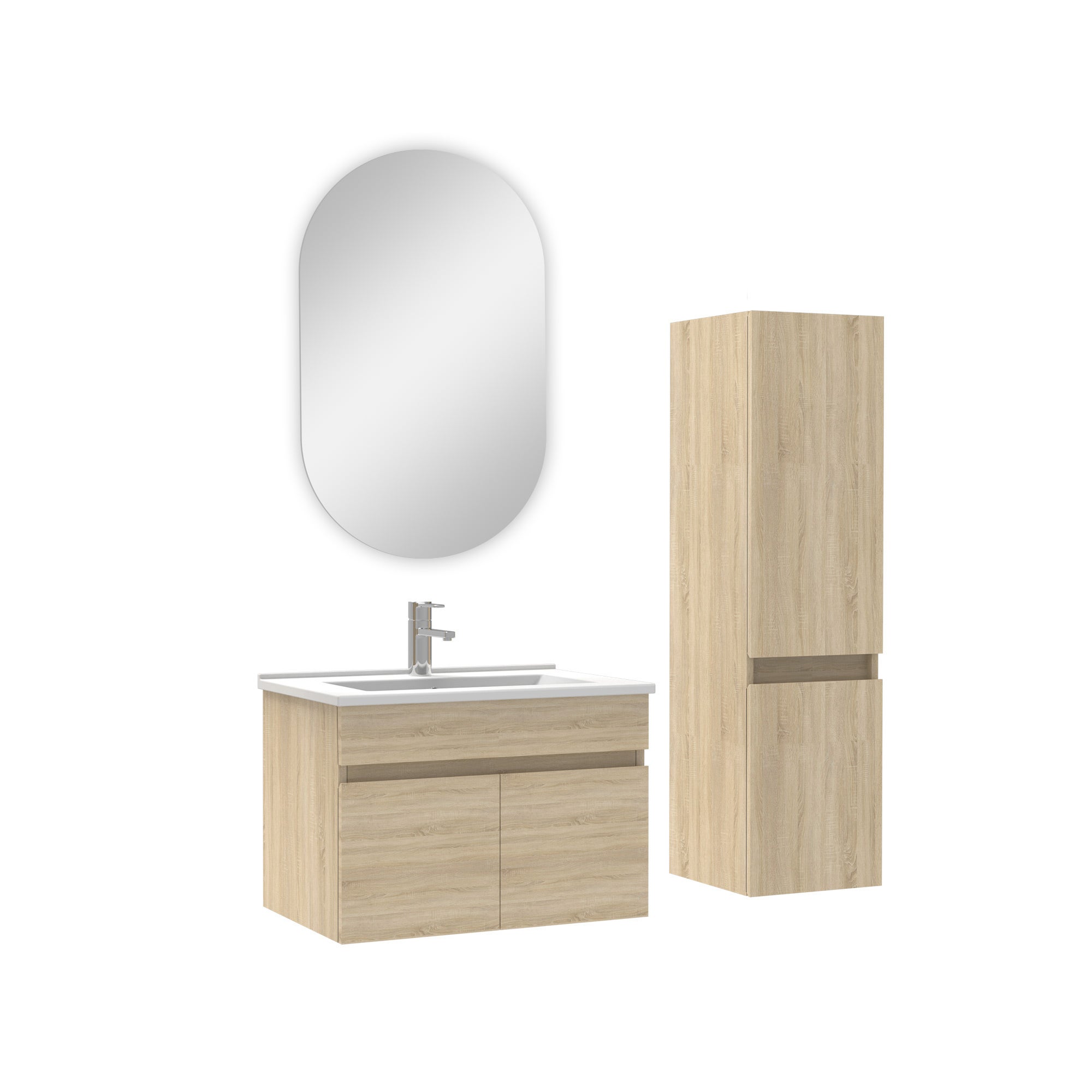 Ensemble Salle de Bain simple vasque avec colonne et miroir ovale 60cm meuble Chêne Wotan, Ocean ...
