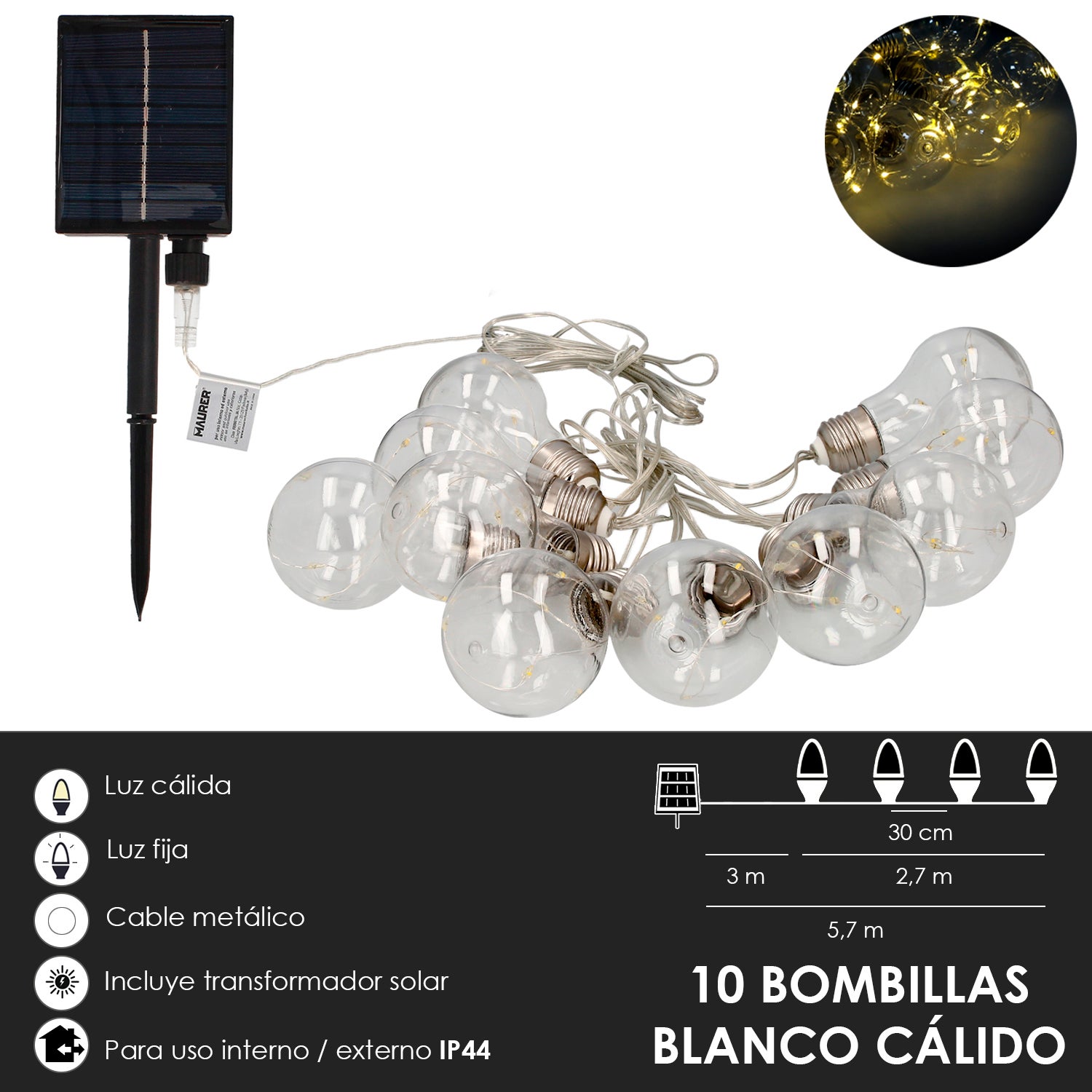Guirnalda solar 10 bombillas / 50 micro leds luz calida. bateria ...
