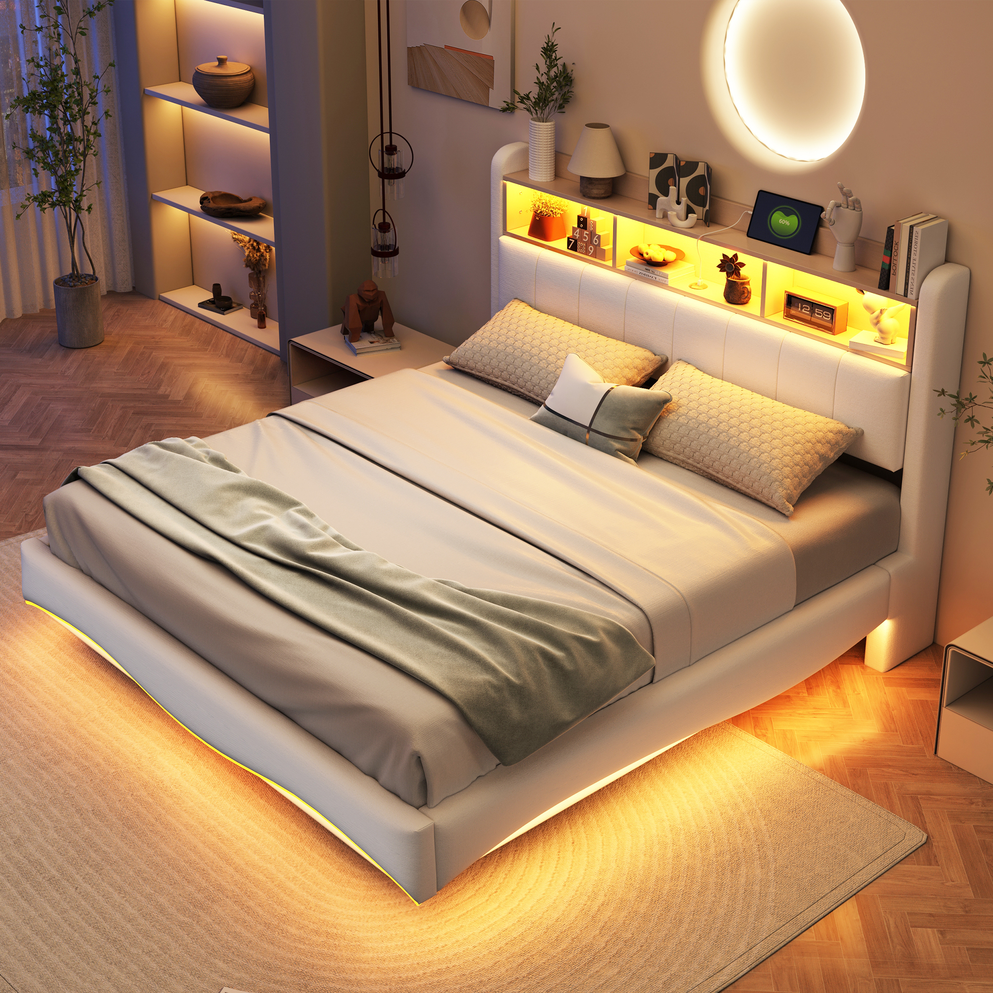Lit capitonné lit double 160x200 cm lit adulte avec éclairage LED ...