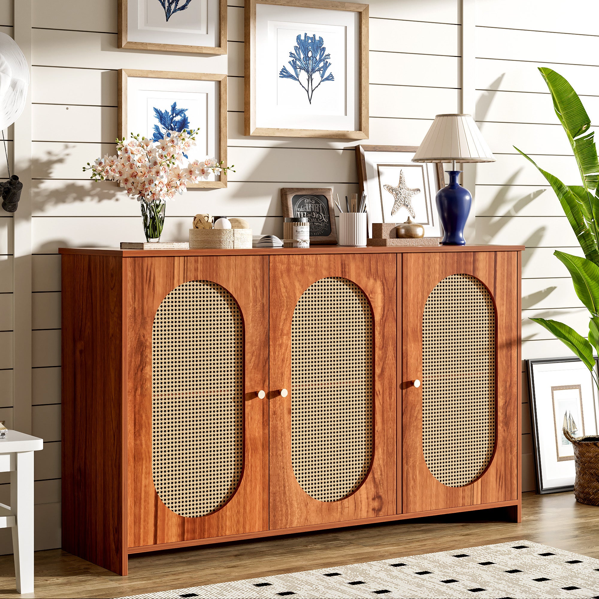 Buffet moderne avec 3 portes en imitation rotin - 125 x 38 x 78 cm ...