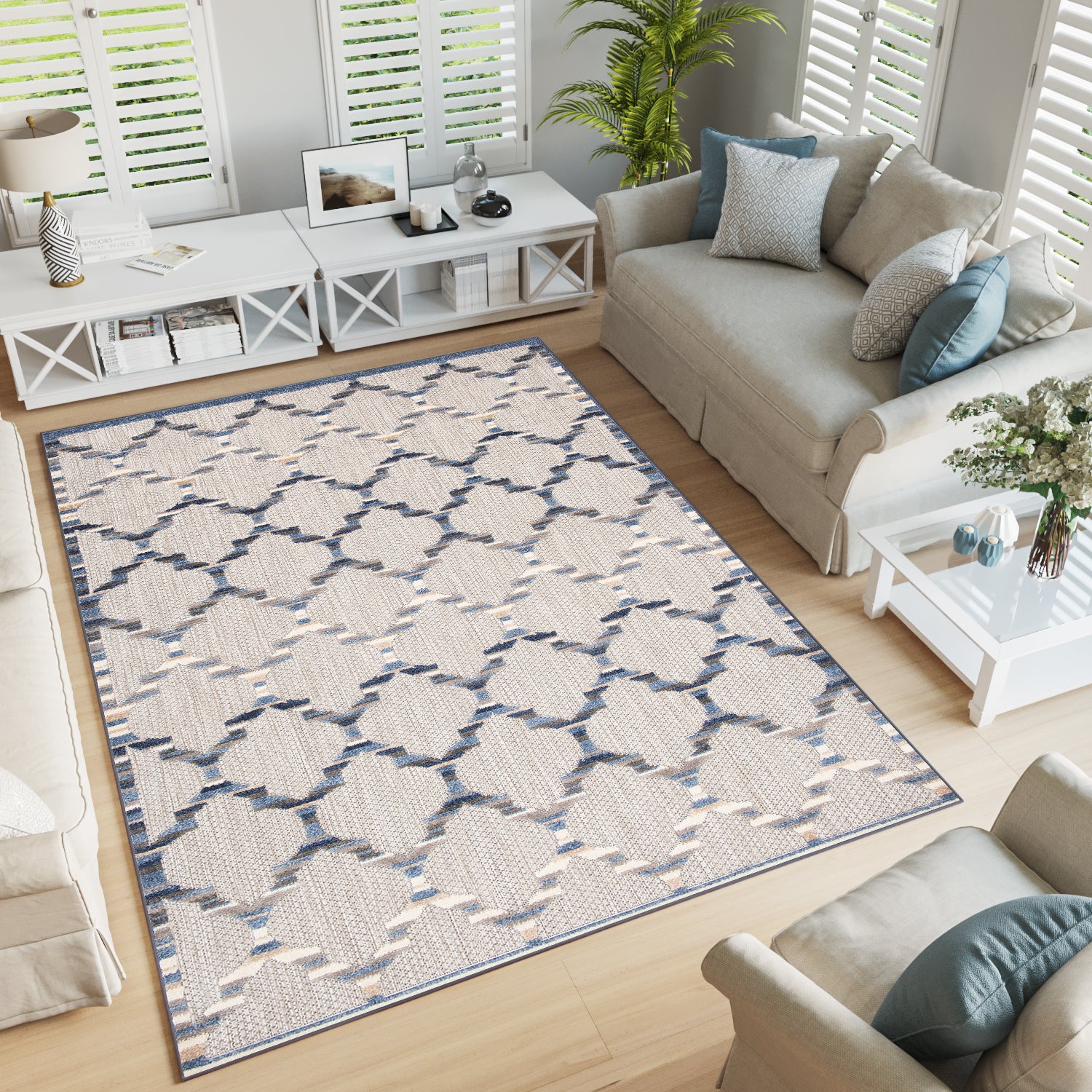 TAPISO Patio Tapis Extérieur Intérieur Bleu Beige Gris Marocain 3D ...