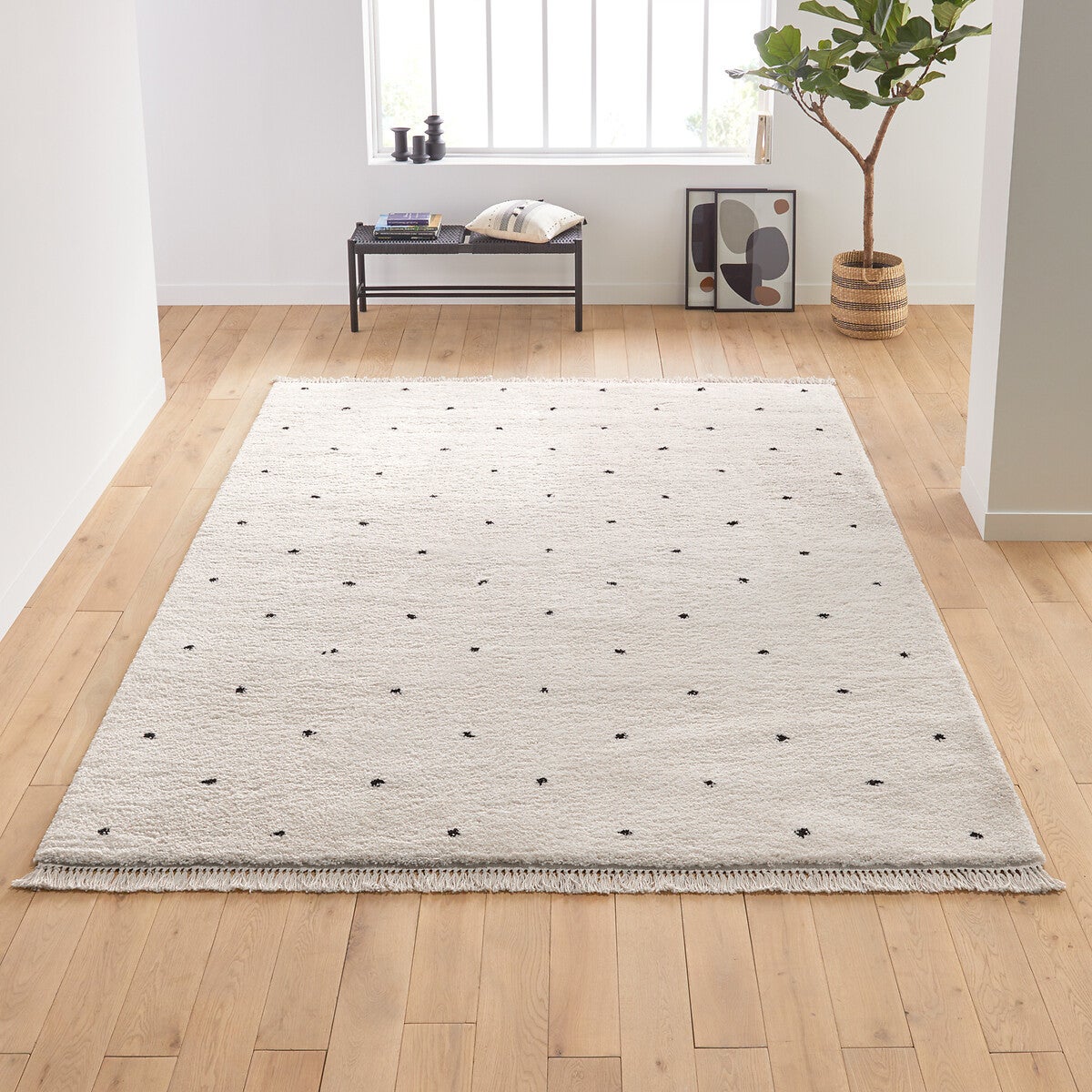 Tapis style berbère petits motifs pois Ava - Blanc/noir - 200 x 250 cm ...