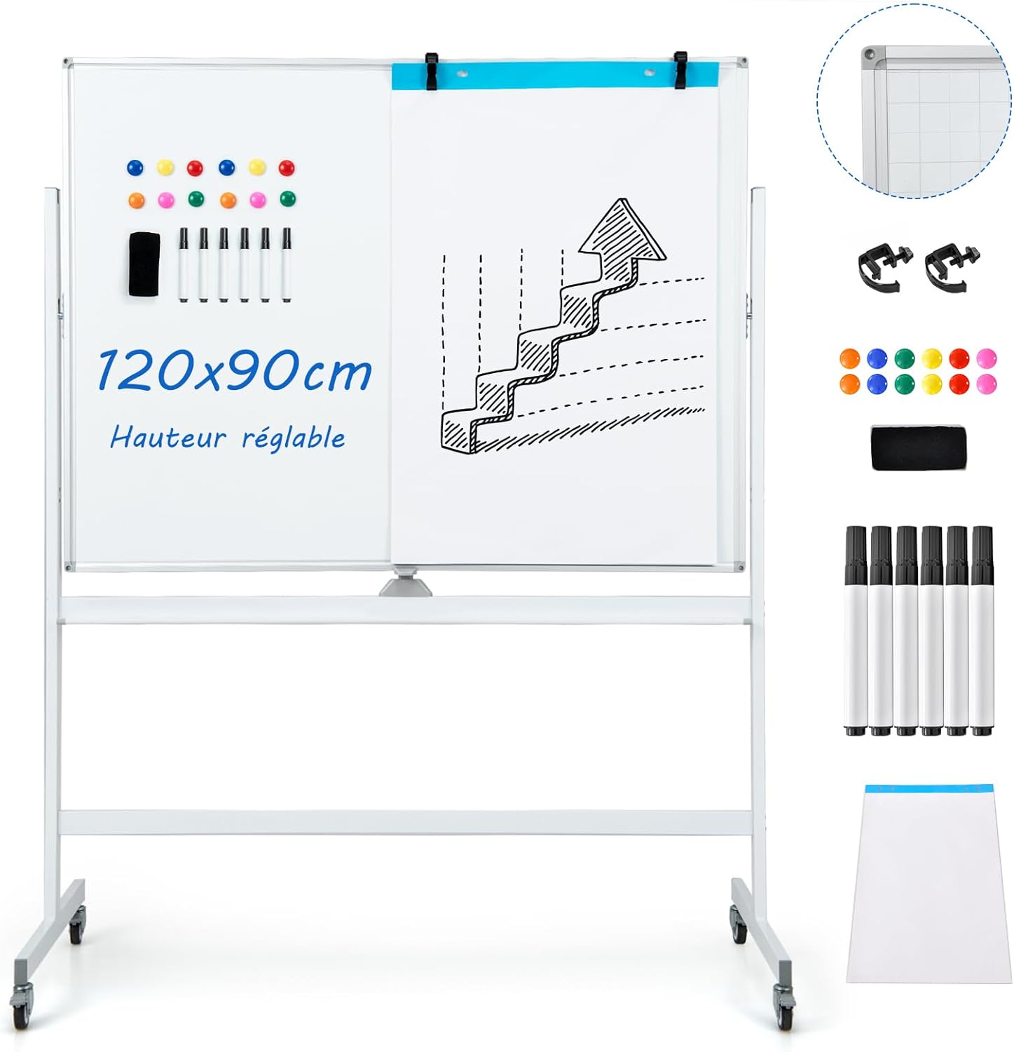 Pizarra Móvil Magnética en Seco 120 x 90 cm, Doble Cara, Soporte sobre ...
