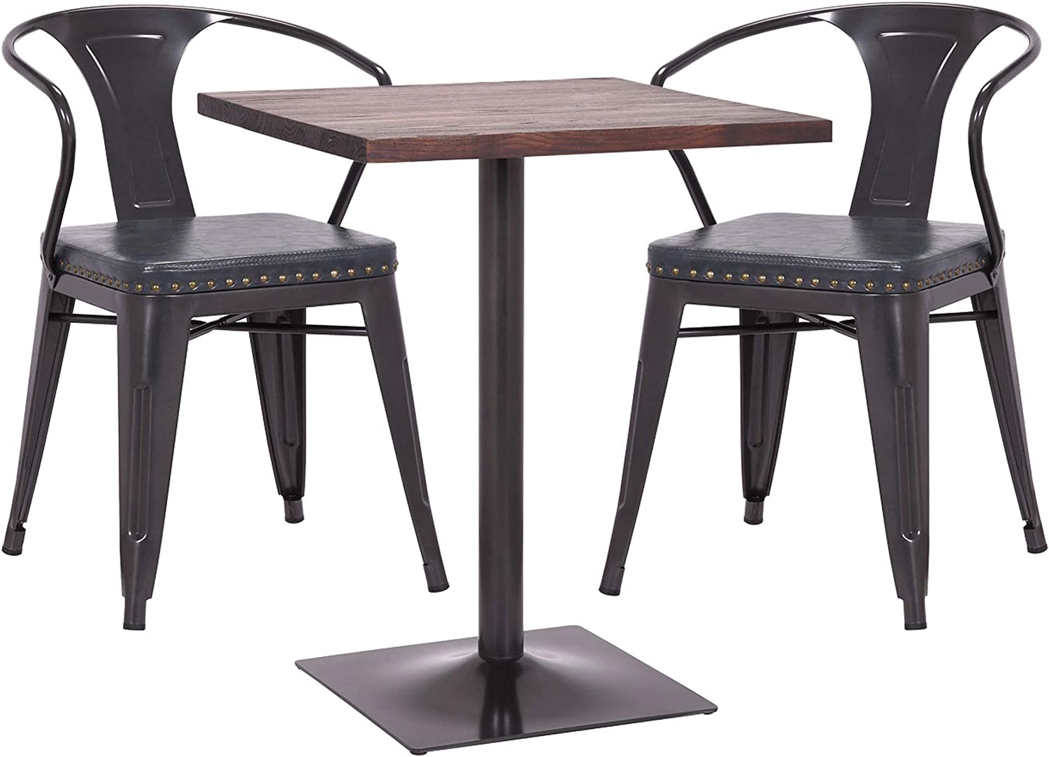 Ensemble table de bistrot 2x chaises en synthétique gris acier noir et table en bois marron ...