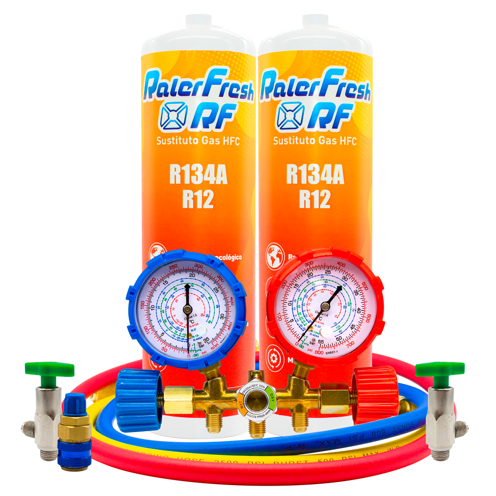 Pack 2 Botellas Ralerfresh RF sustituto del gas R12 y R134A mas llave, manometro R134 y conector ...