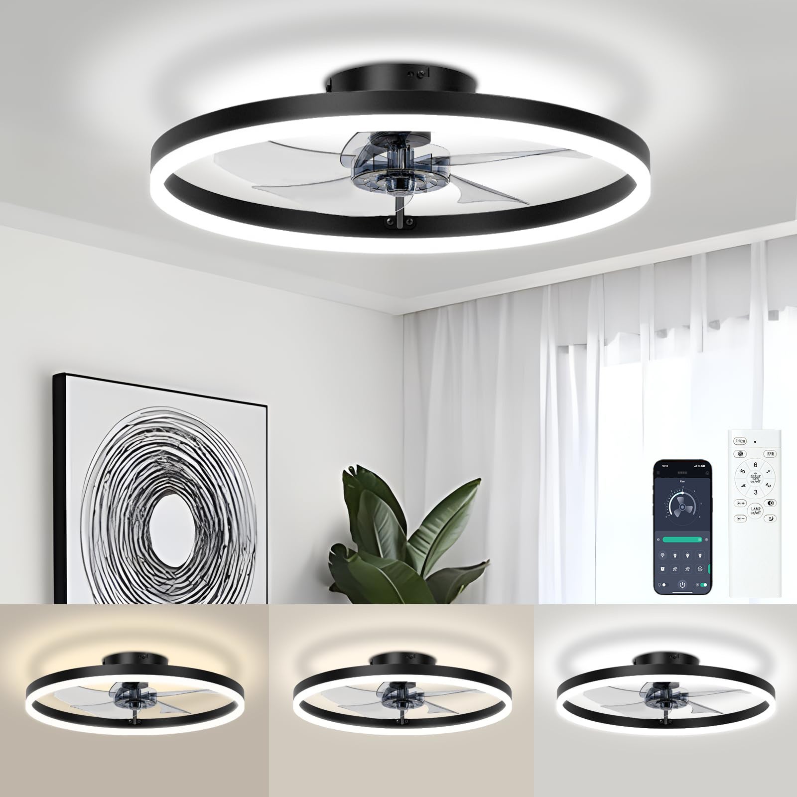 Ventilateur de plafond moderne à LED noir, 50 cm de diamètre ...